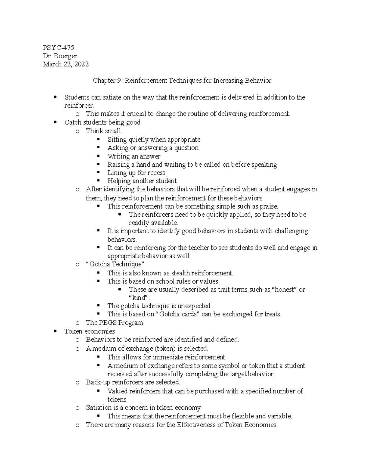PSYC-475 Chapter 9: Reinforcement Techniques for Increasing Behavior ...