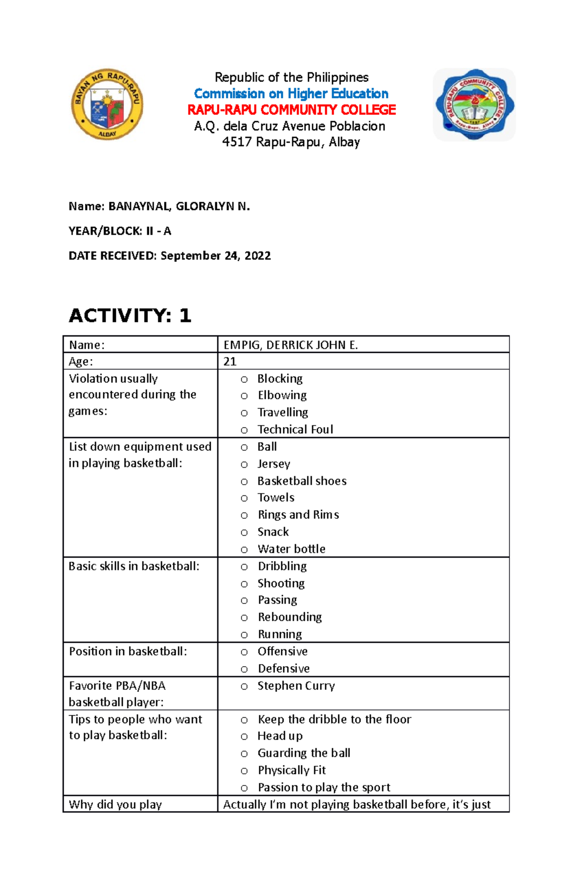 Module-3-PE-3 Basletball - Republic of the Philippines Commission on Higher Education RAPU-RAPU ...