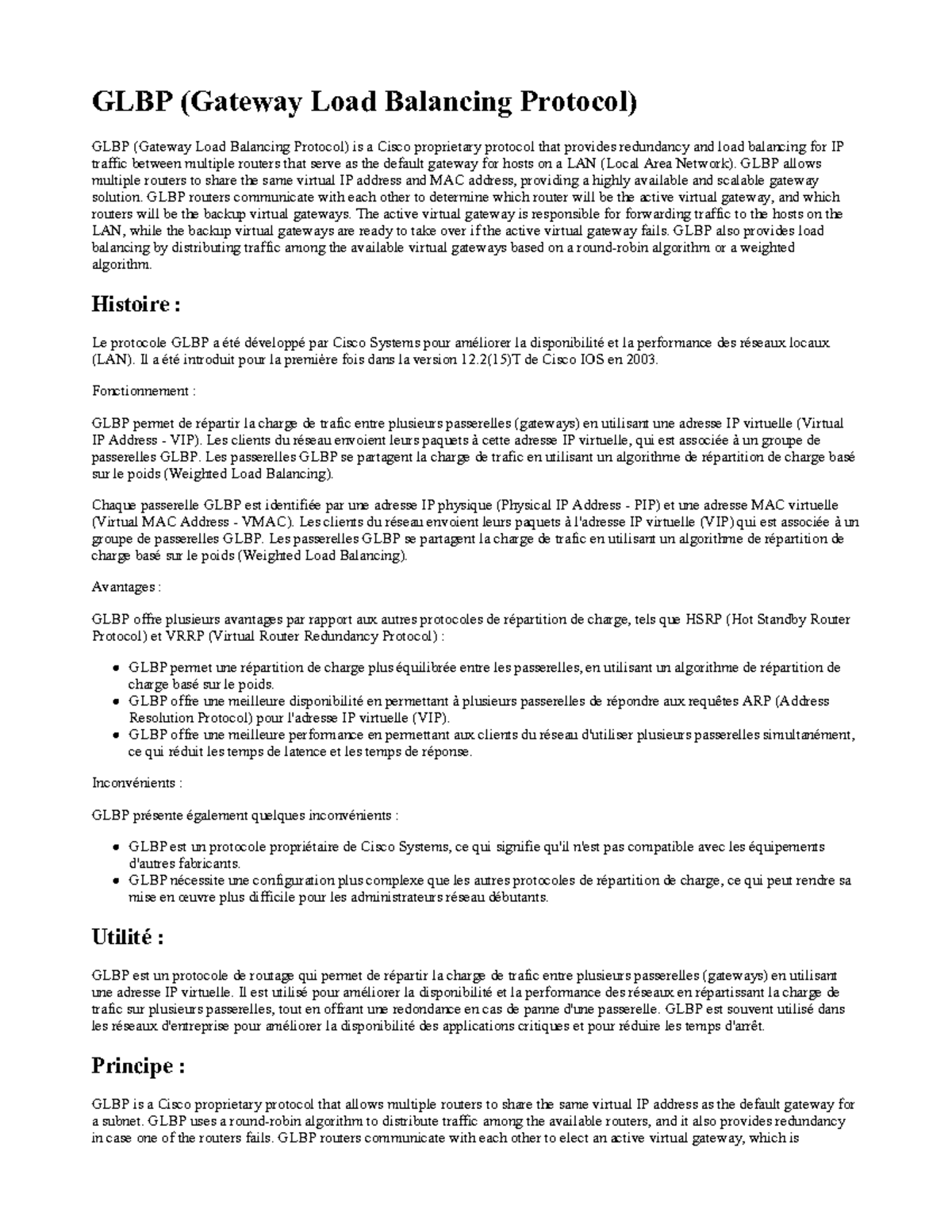 GLBP (Gateway Load Balancing Protocol) - GLBP allows multiple routers ...