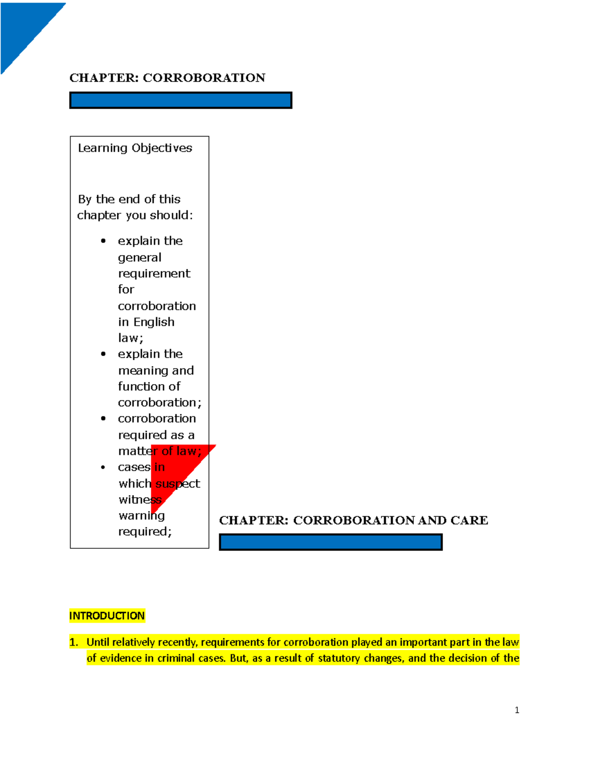 Evidence notes Law 294 Chapter 7 Corroboration and Care Warnings ...