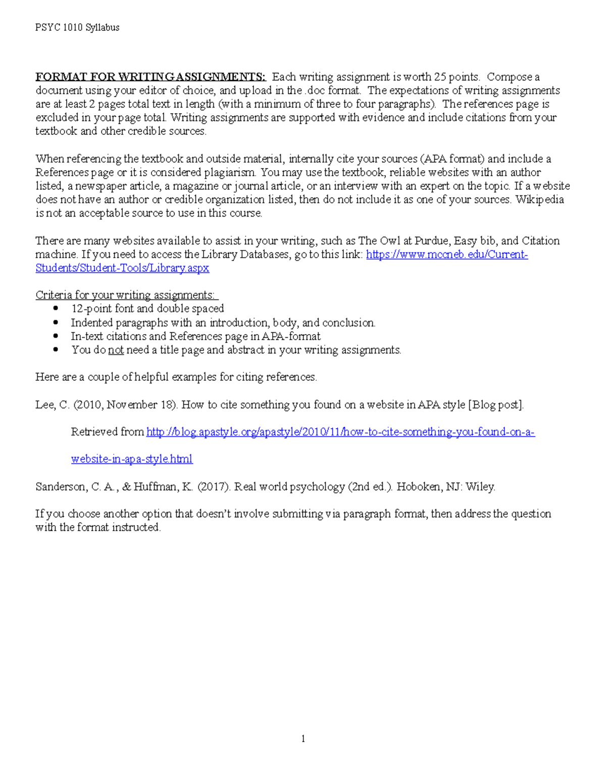 Intro assignments - PSYC 1010 Syllabus FORMAT FOR WRITING ASSIGNMENTS ...