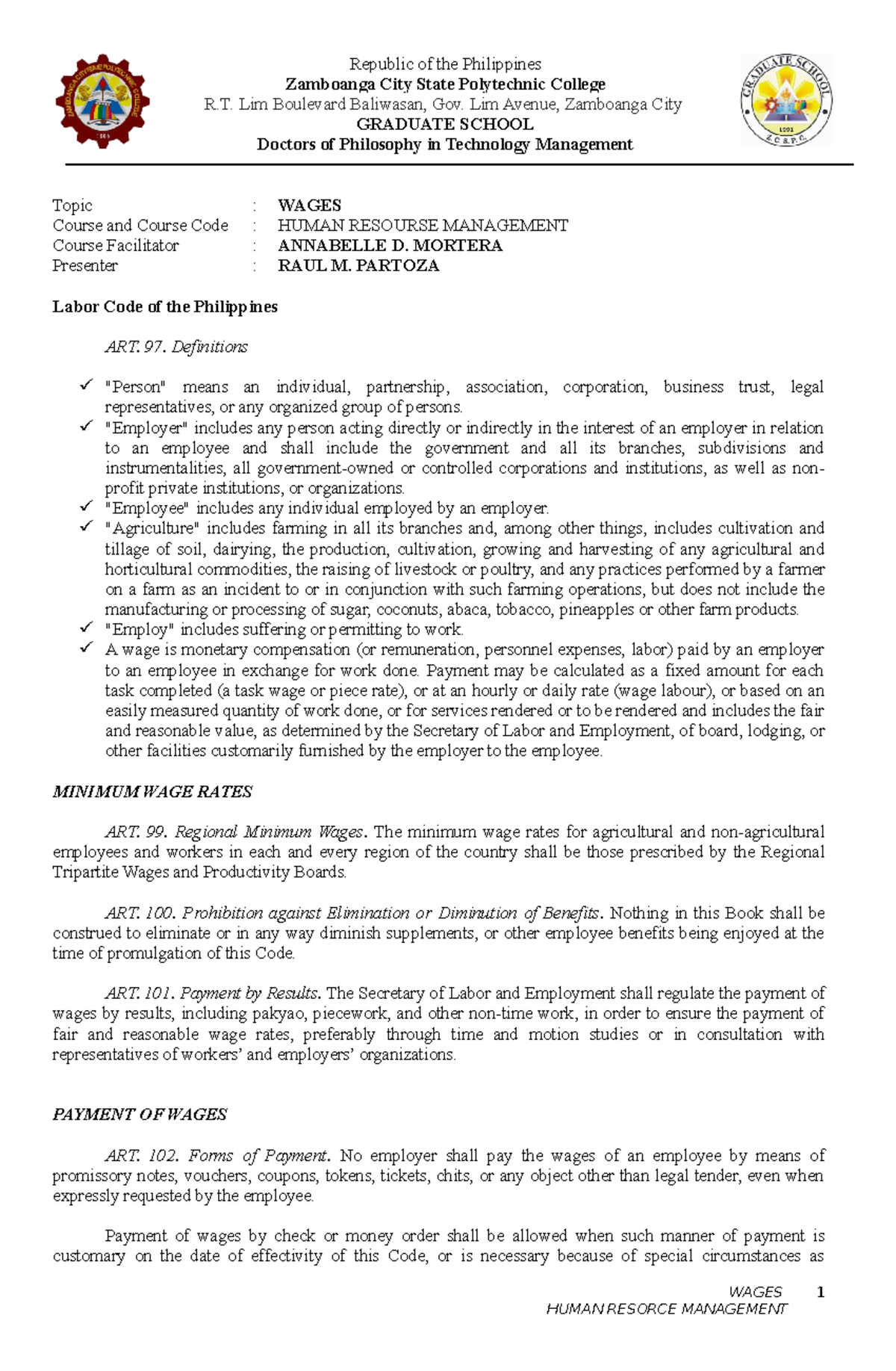 HRM- Wages - lecture on human resource management under the PHD-TM ...