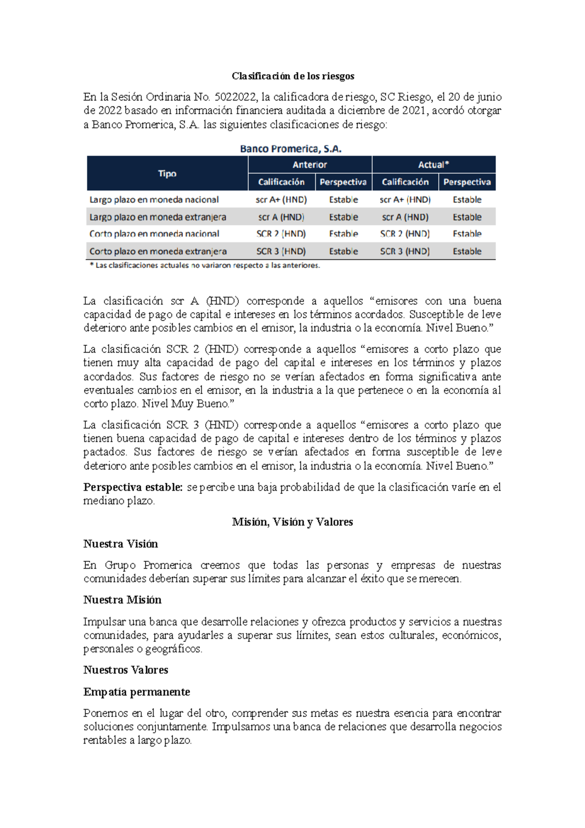 Clasificación de los riesgos - 5022022, la calificadora de riesgo, SC Riesgo, el 20 de junio de ...