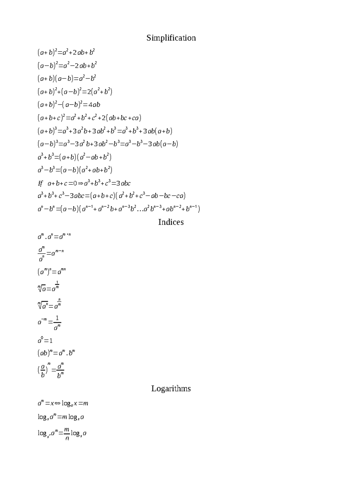 Formulas new - ####### Simplification (a+ b) 2 =a 2 + 2 ab+ b 2 (a−b) 2 ...