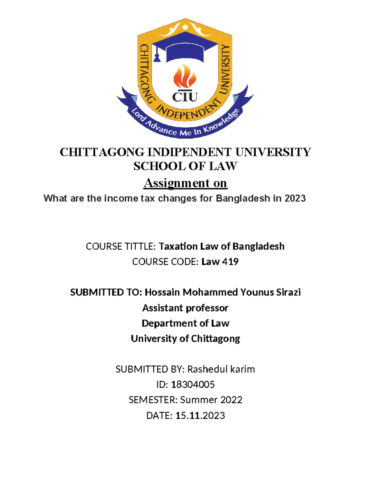 Rashed karim taxation - CHITTAGONG INDIPENDENT UNIVERSITY SCHOOL OF LAW ...