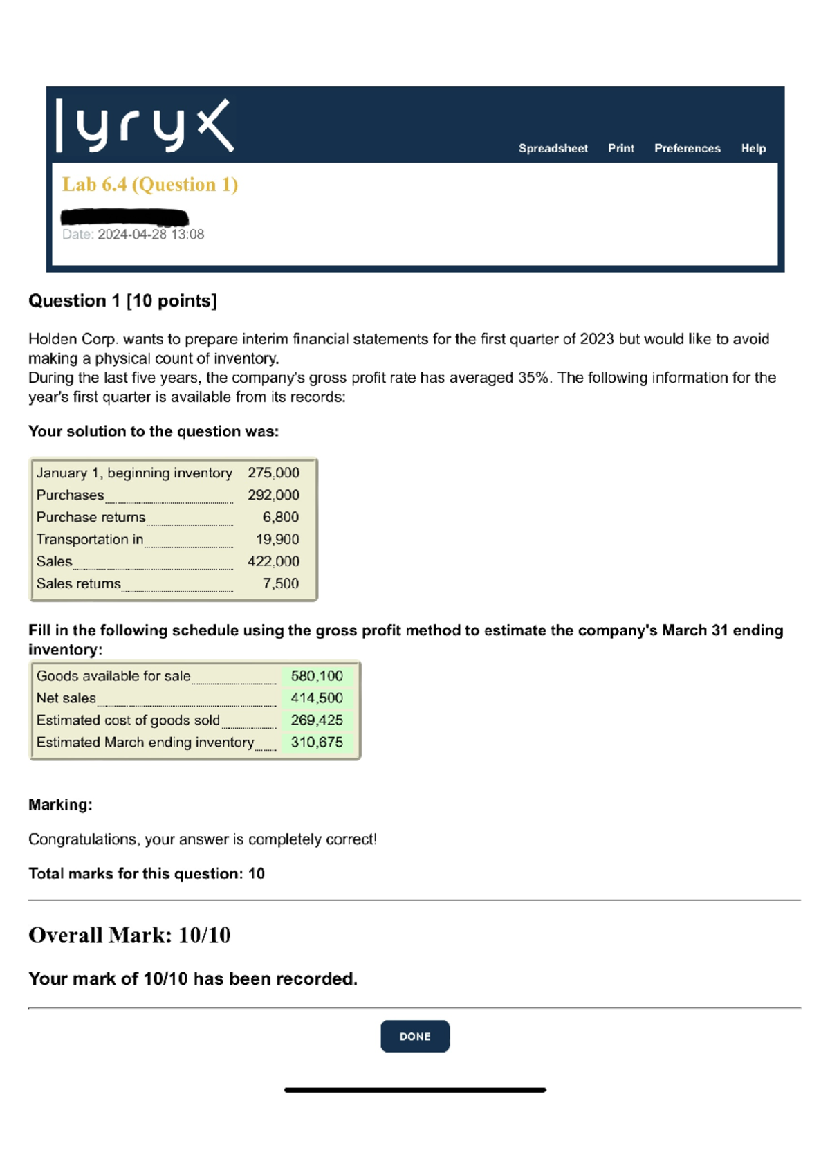 Intro to Accounting 253 Lyryx Lab 6.4 - lyryx Spreadsheet Print ...