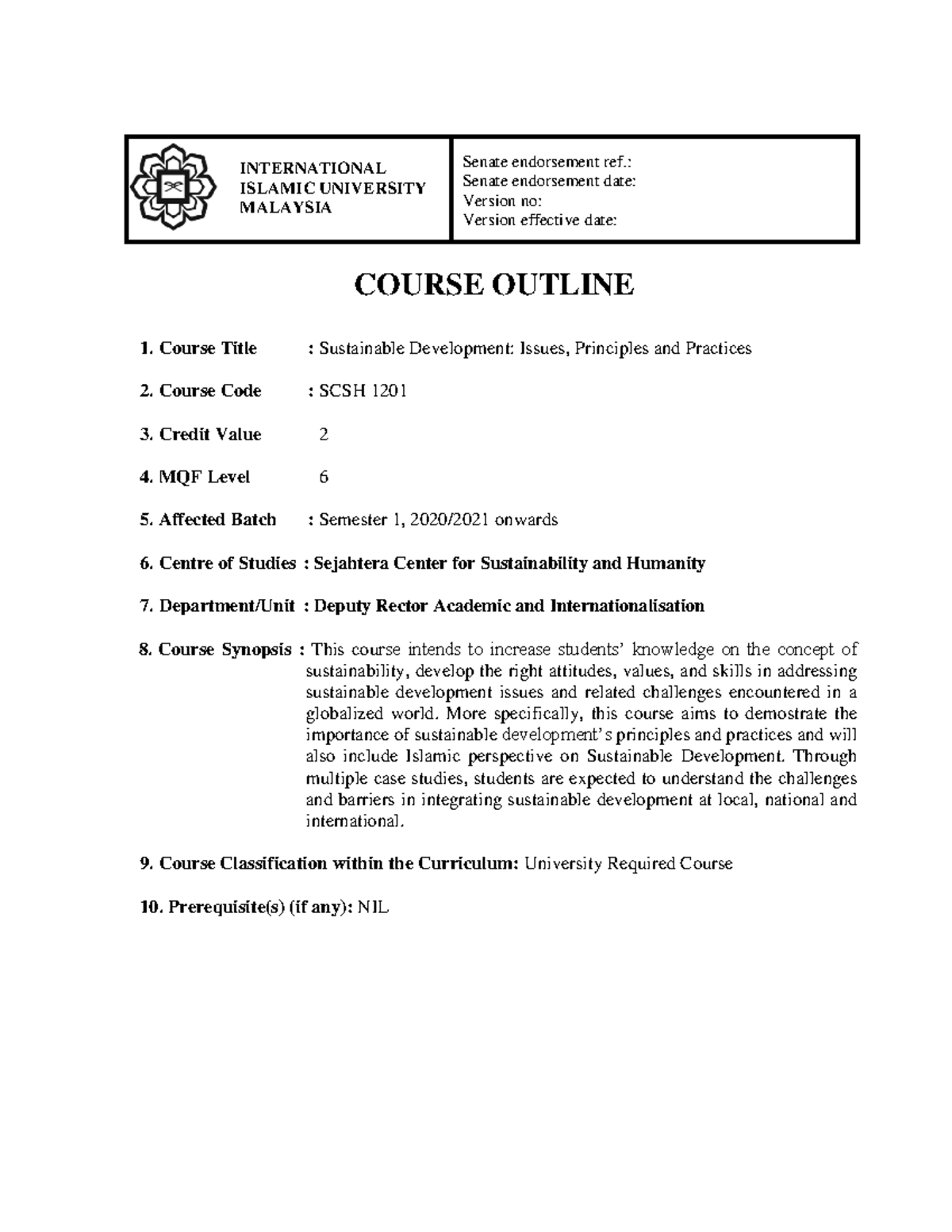 SCSH 1201 Course Outline - INTERNATIONAL ISLAMIC UNIVERSITY MALAYSIA ...