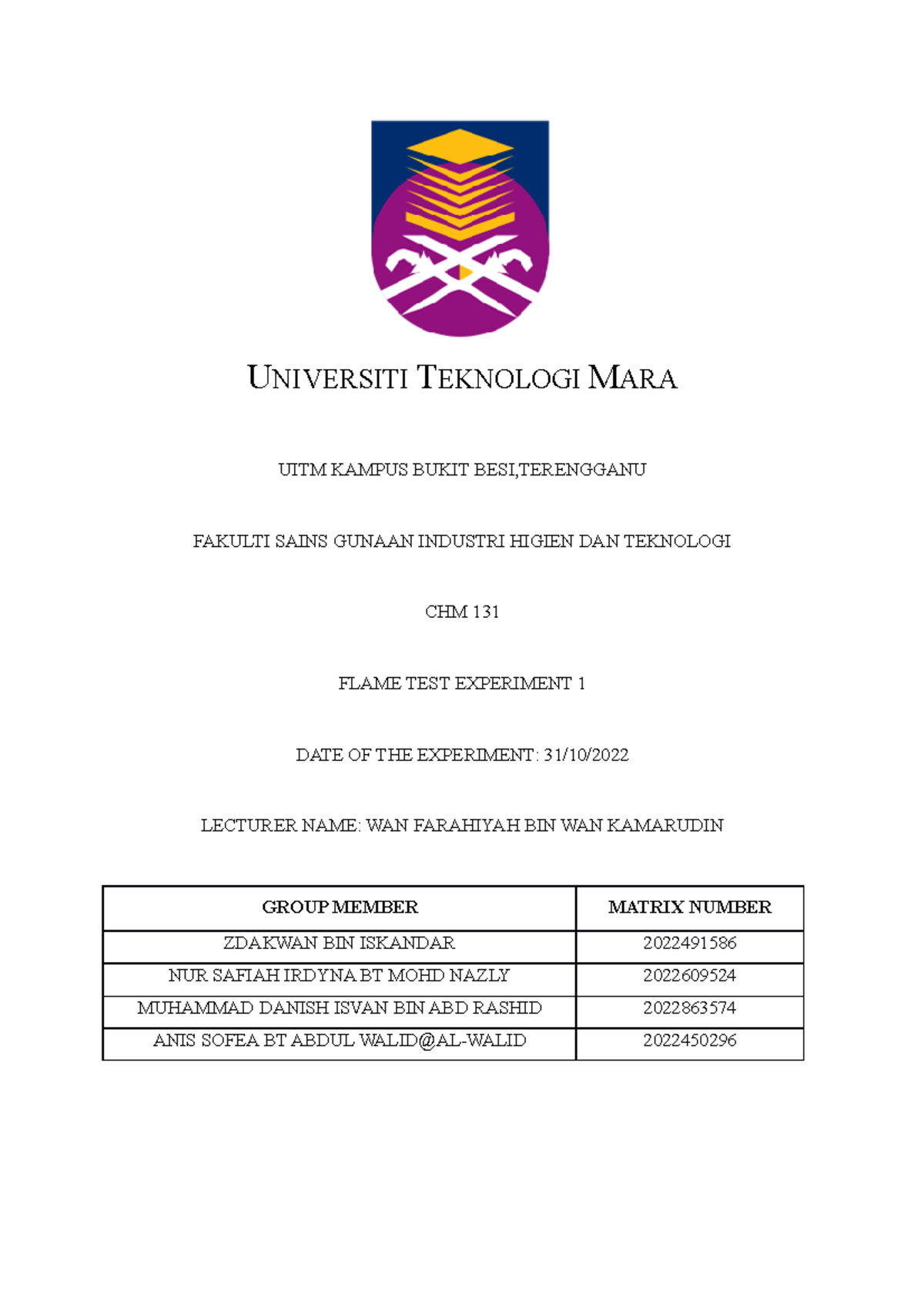 LAB Report (CHM131) EXP 1 Baru - UNIVERSITI TEKNOLOGI MARA UITM KAMPUS ...