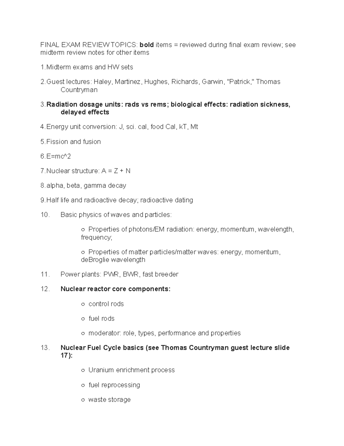 Official review notes version 2 - FINAL EXAM REVIEW TOPICS: bold items ...