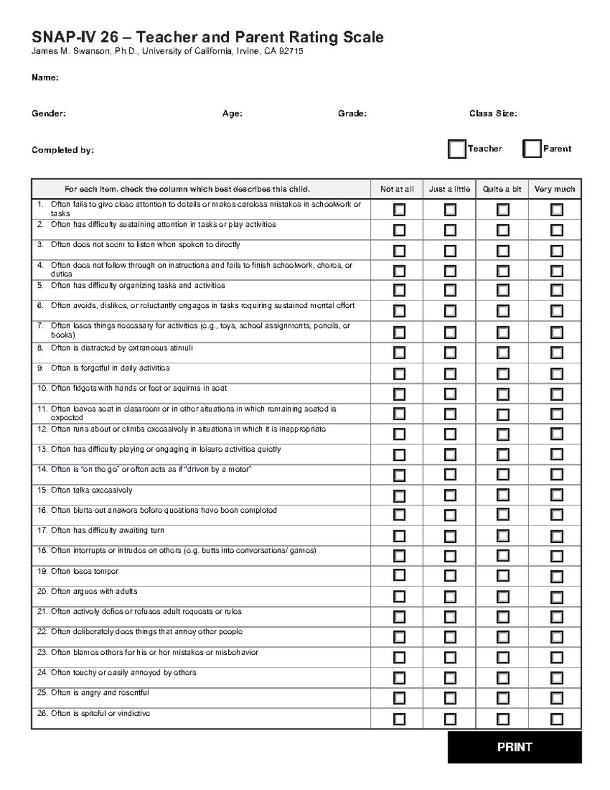 SNAP IV 26 Teacher Parent Rating Scale Fillable Form SNAP IV 26