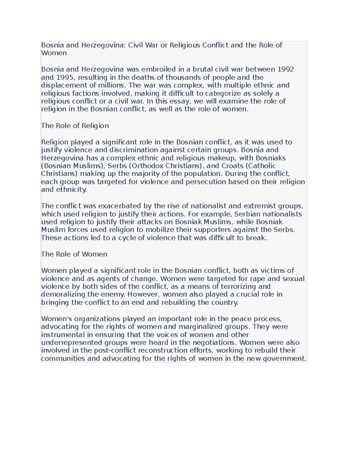 Civil War or Religious Conflict and the Role of Women - Bosnia and ...