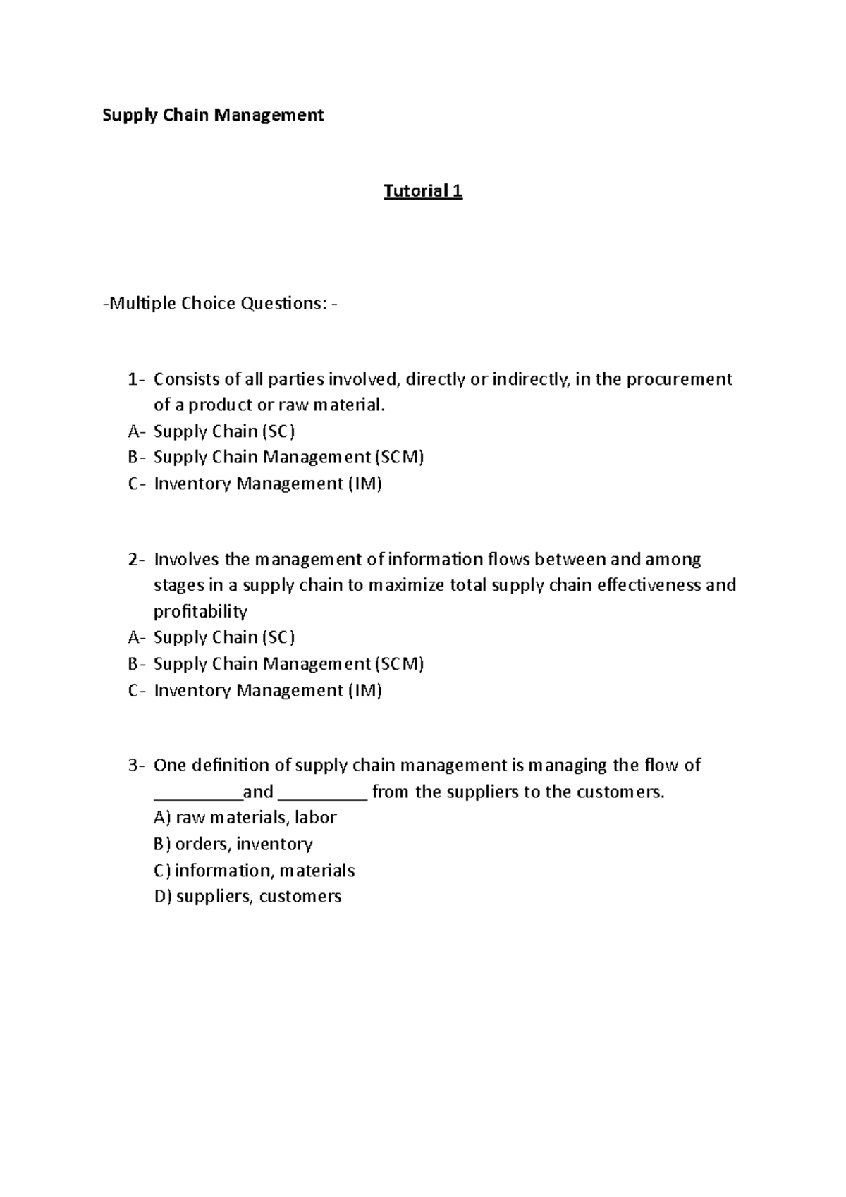Tutorial 1 - ...nk - Supply Chain Management Tutorial 1 -Multiple ...