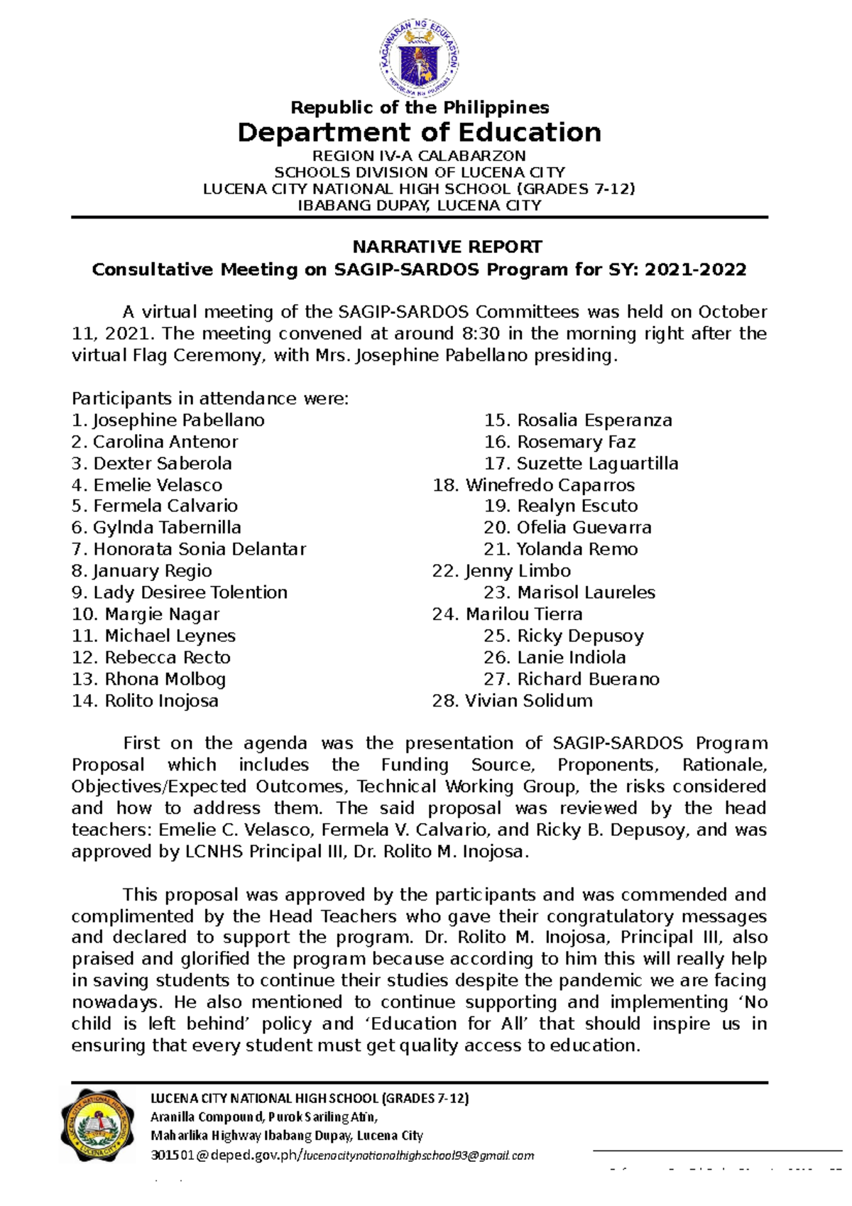 1-Narrative Report on Sagip- Sardos-Consultative-Meeting by VZSolidum ...