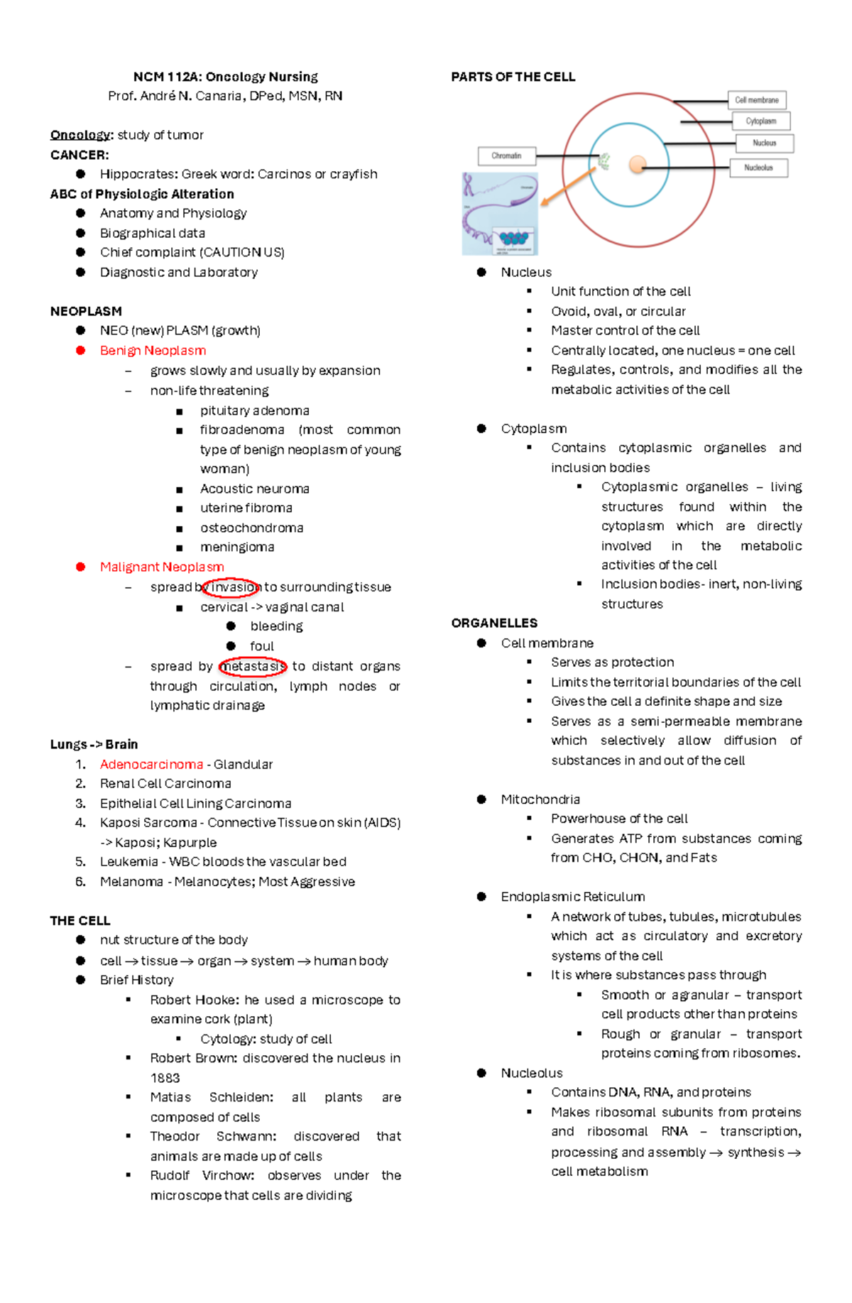 Unit 2 Oncology Nursing - NCM 112A: Oncology Nursing Prof. André N ...
