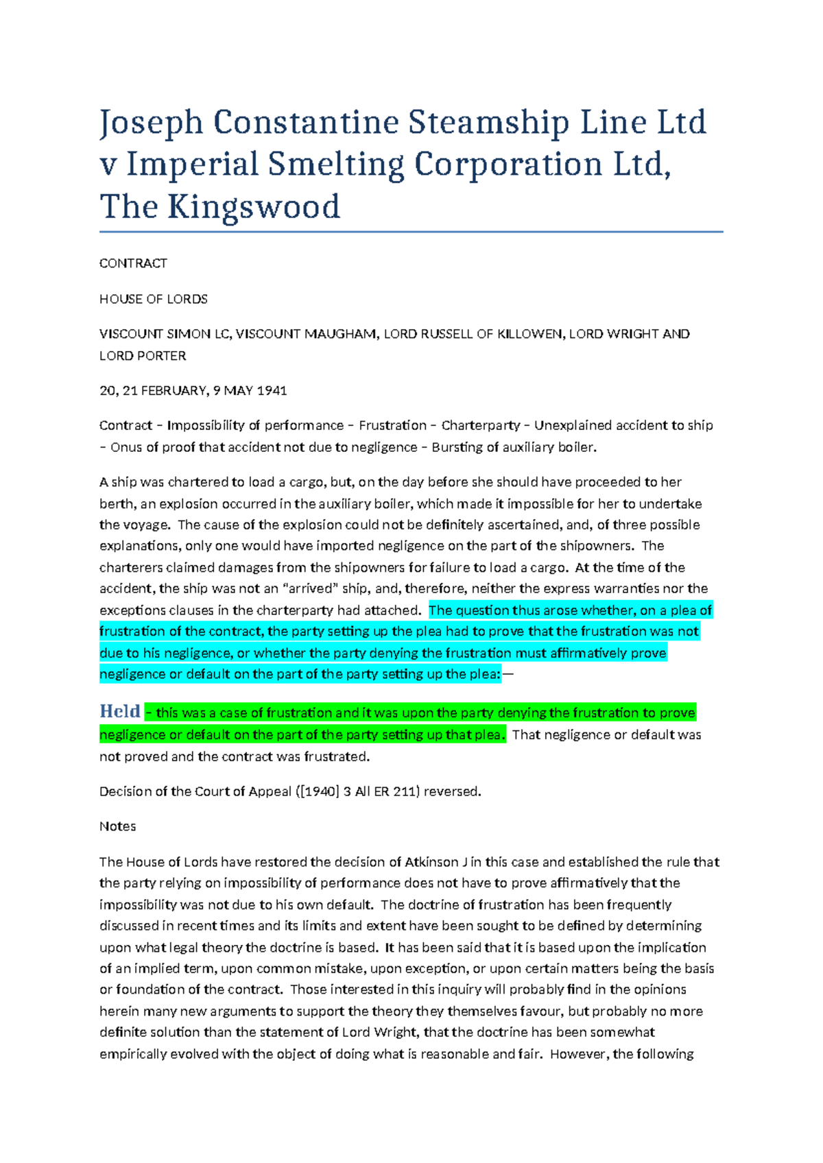 Joseph Constantine Steamship Line Ltd v Imperial Smelting Co - Joseph ...