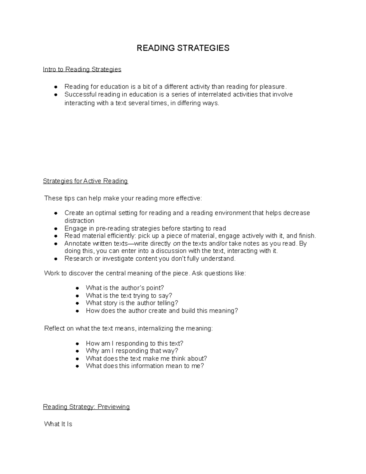 ENG 111 Notes Reading Strategies Part 1 - READING STRATEGIES Intro to ...