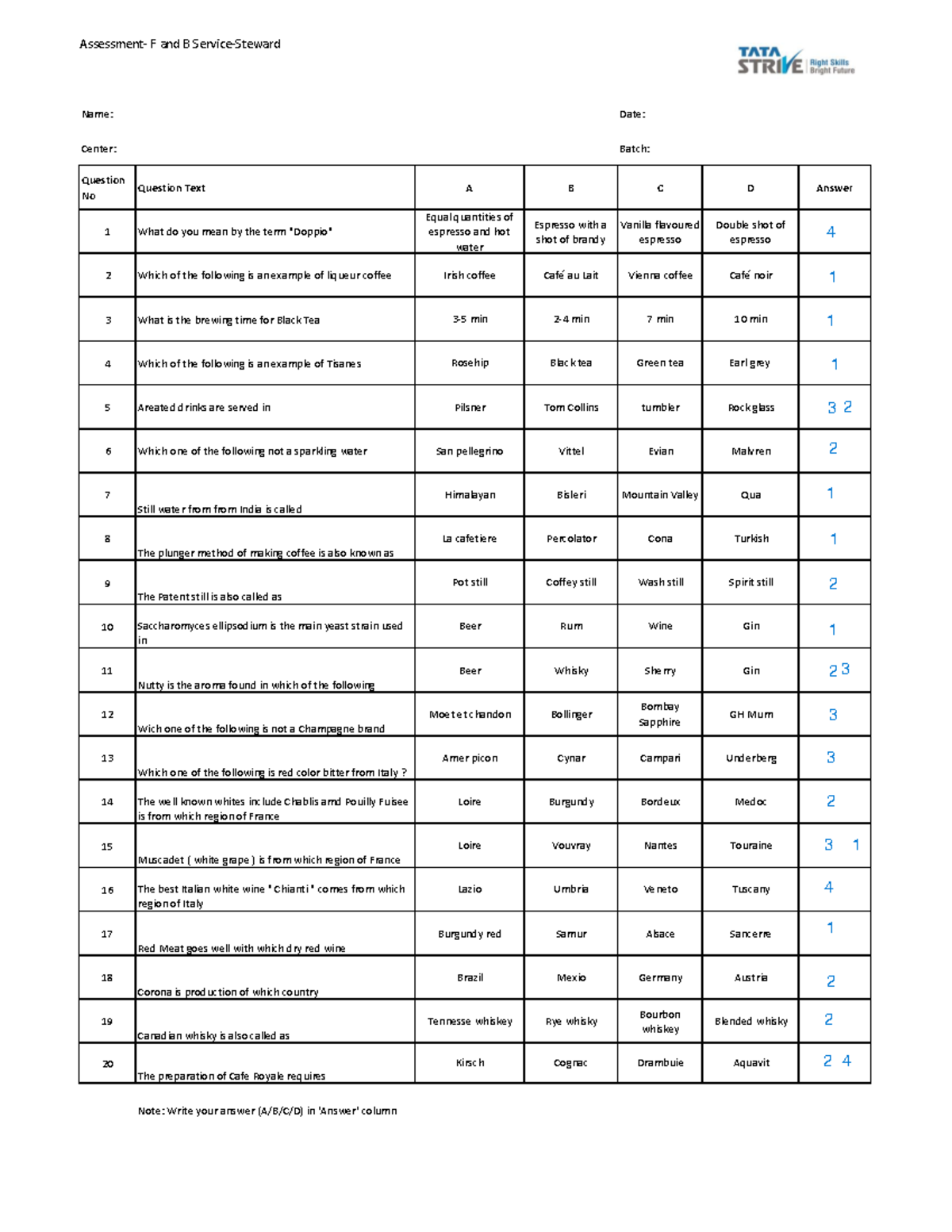 Assessment-Week 6,7,8 - Assessment- F and B Service-Steward Name: Date ...