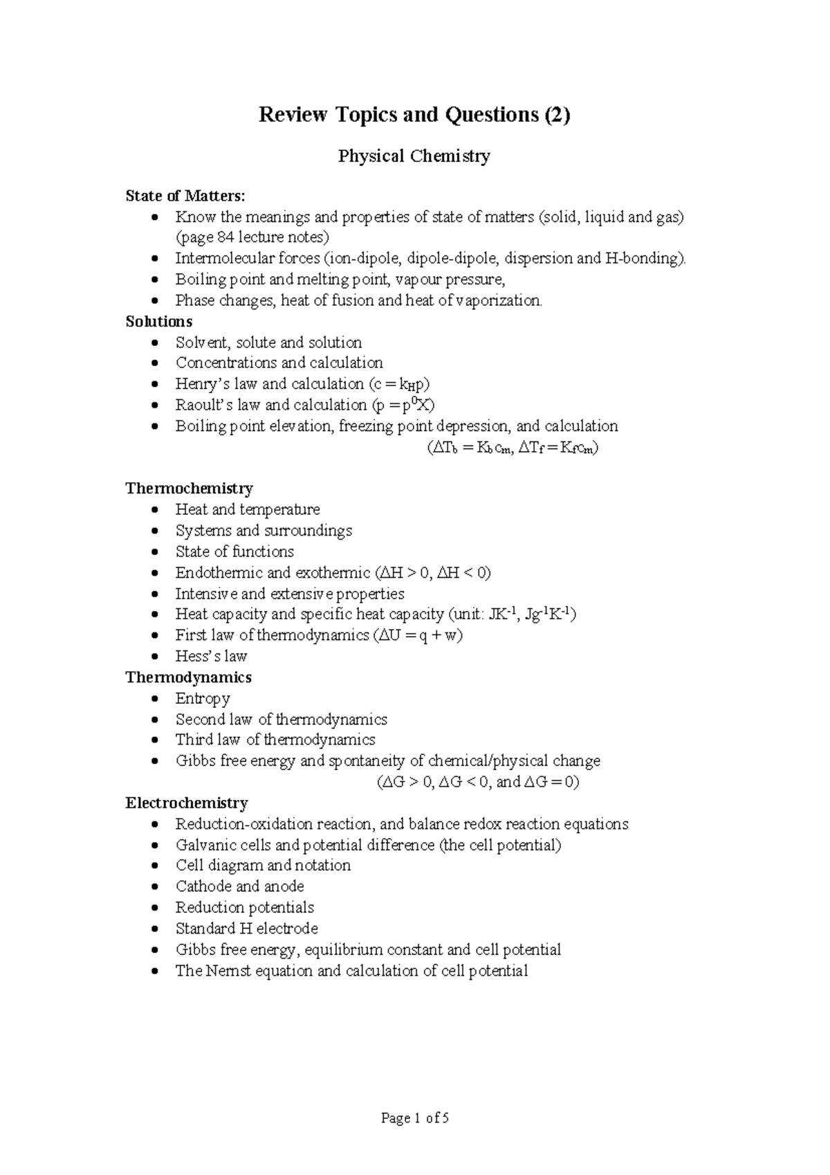 Review Questions - Review Topics and Questions (2) Physical Chemistry ...