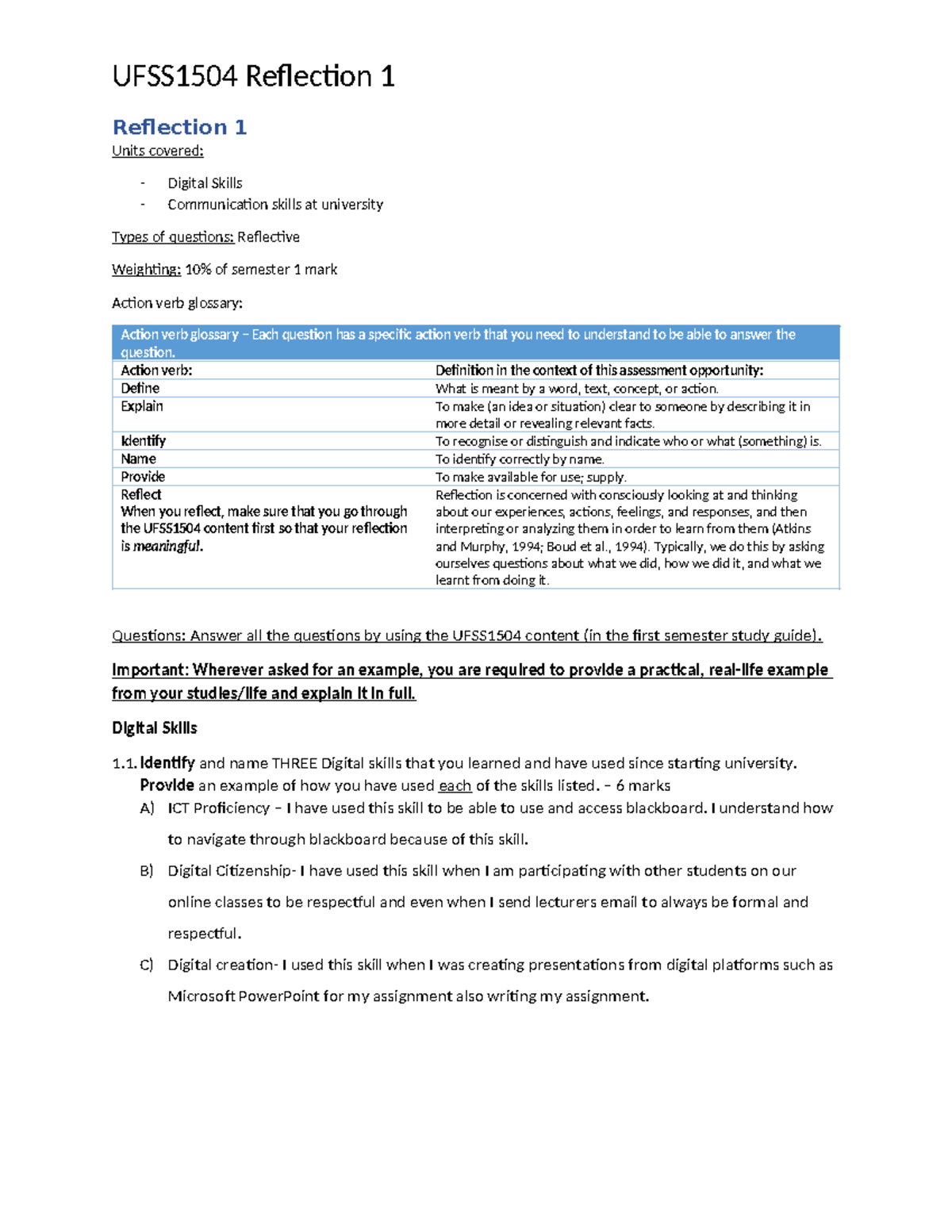Reflection 1 worksheet 2024 Final - Reflection 1 Units covered: Digital ...
