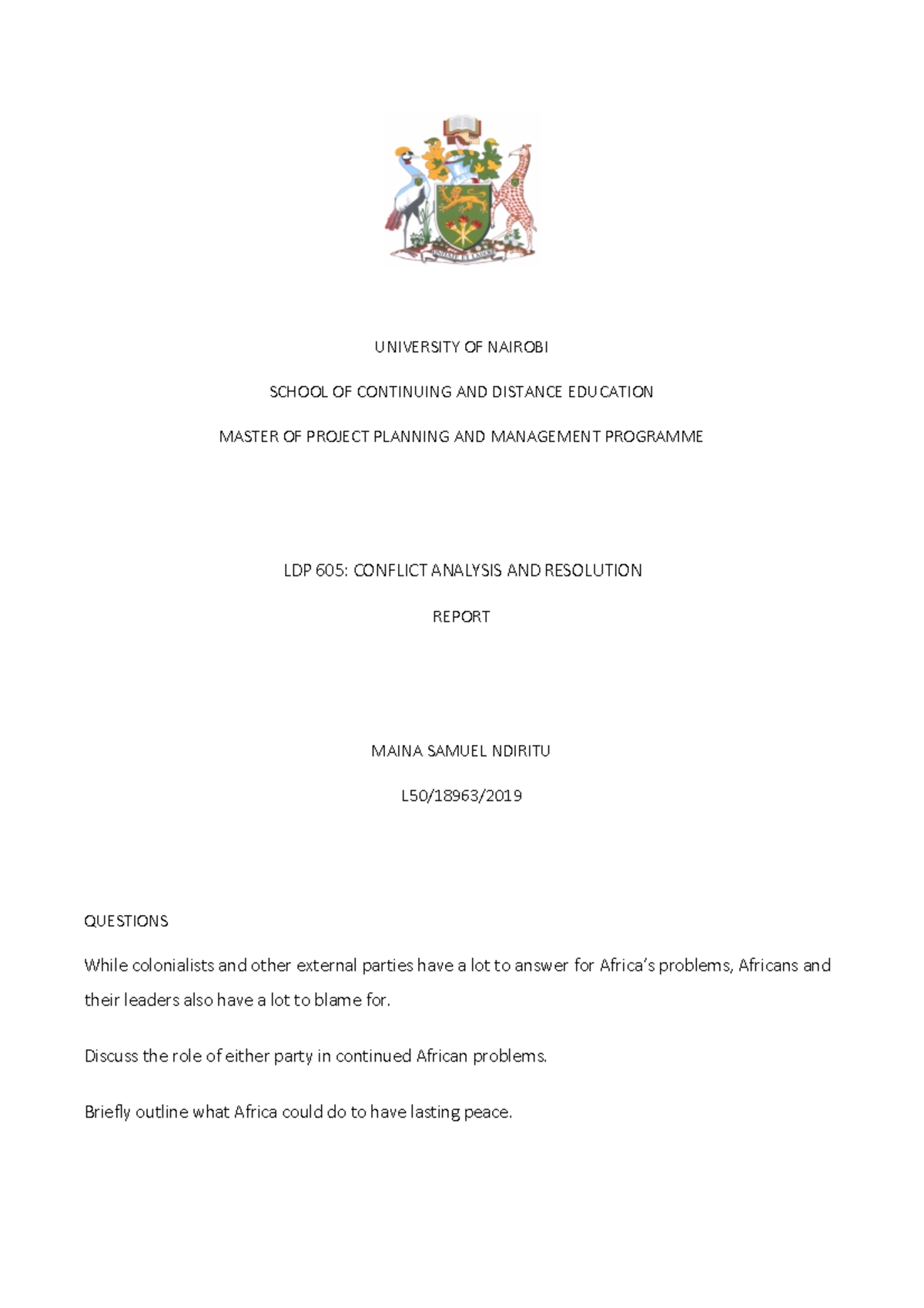 Maina Samuel - Conflict Analysis AND Resolution - UNIVERSITY OF NAIROBI ...