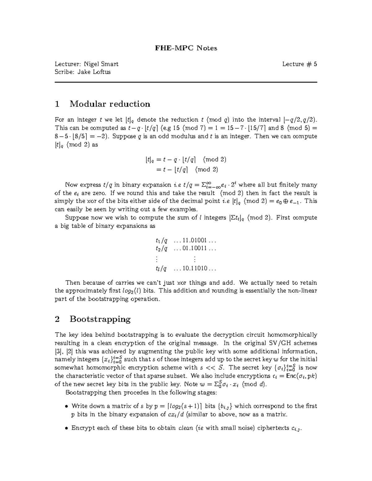 Lecture notes, lecture 5 - FHE-MPC Notes Lecturer: Nigel Smart Lecture ...