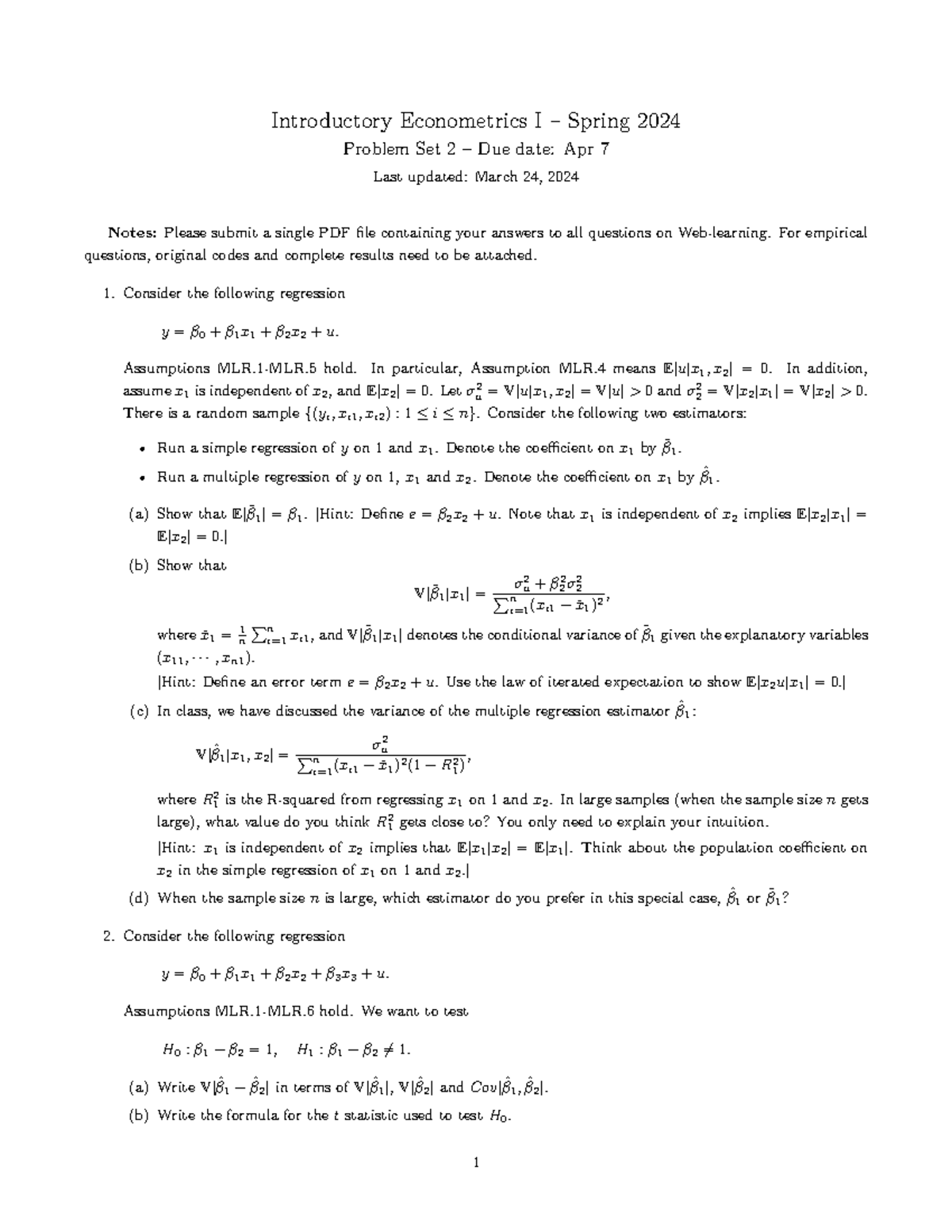 ECM24 PS2 question - ps2 - Introductory Econometrics I – Spring 2024 Problem Set 2 – Due date ...