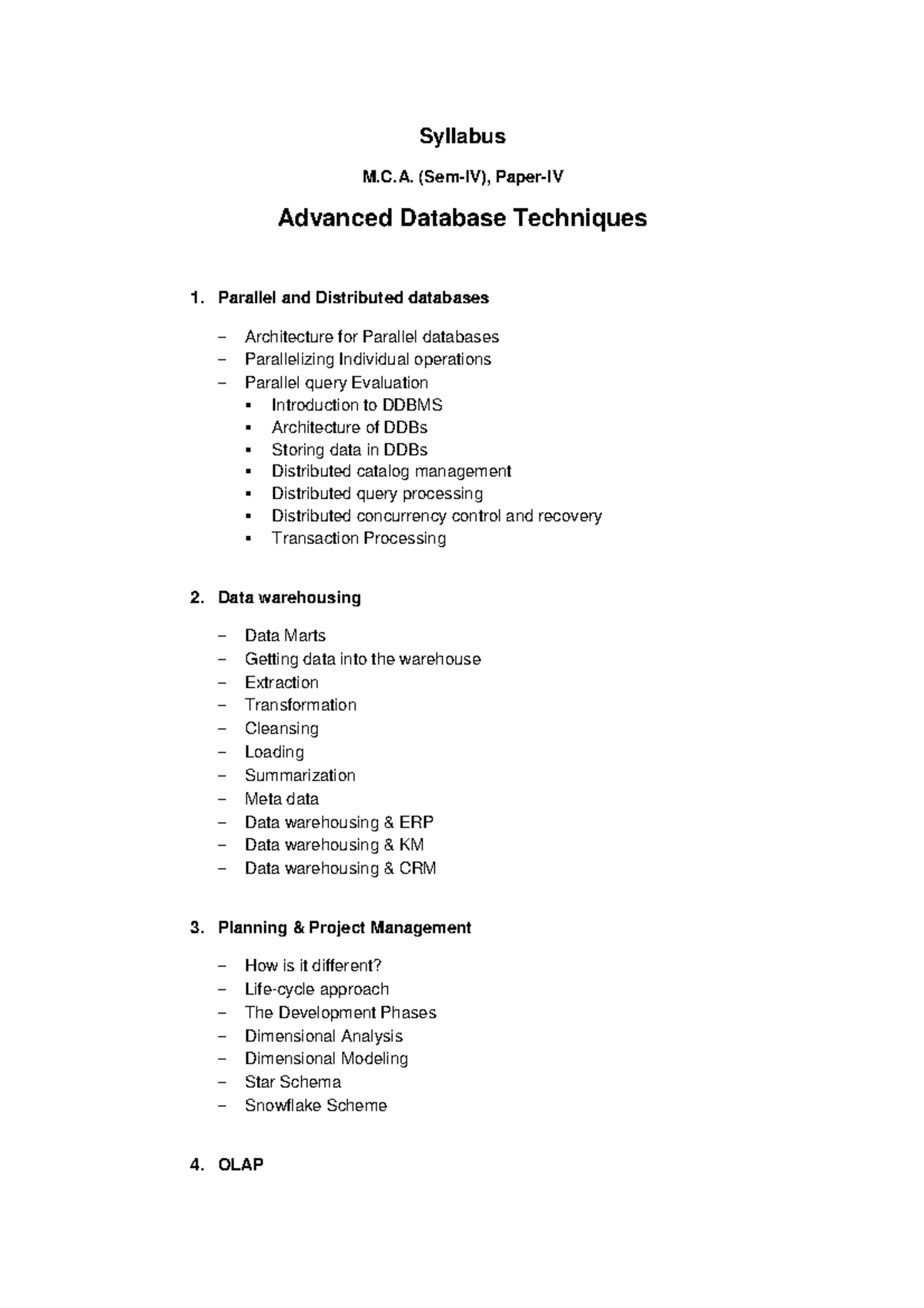 M.C.A. (Sem - IV) Paper - IV - Adavanced Database Techniques - Syllabus ...
