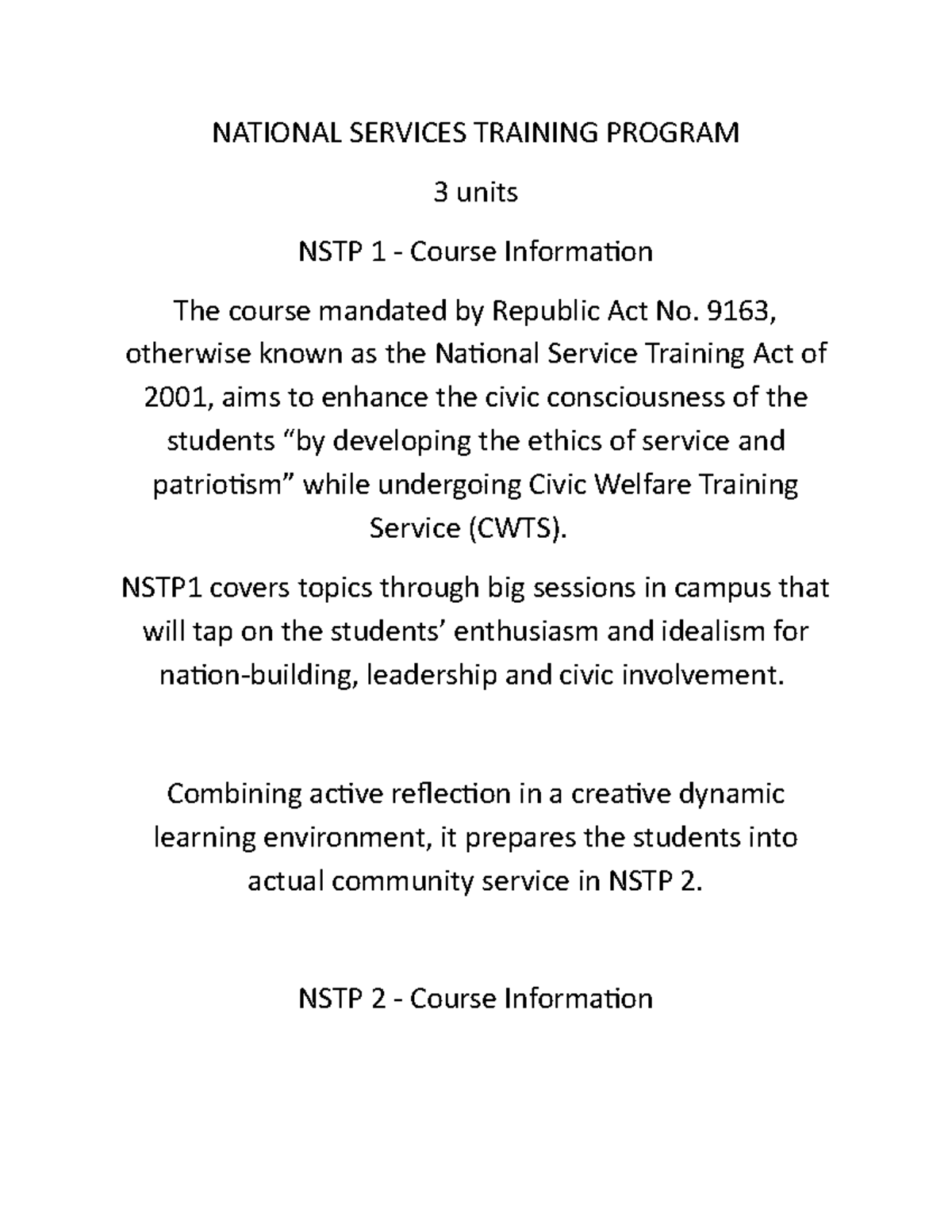 National Services Training Program - NATIONAL SERVICES TRAINING PROGRAM ...