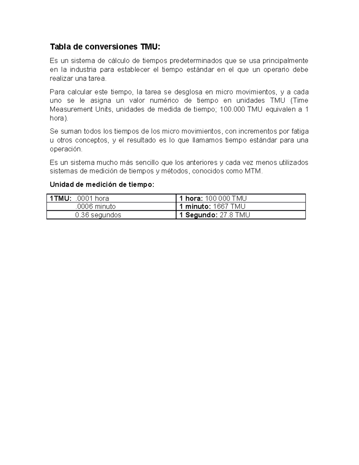 Tabla de conversiones TMU - Para calcular este tiempo, la tarea se desglosa en micro movimientos ...