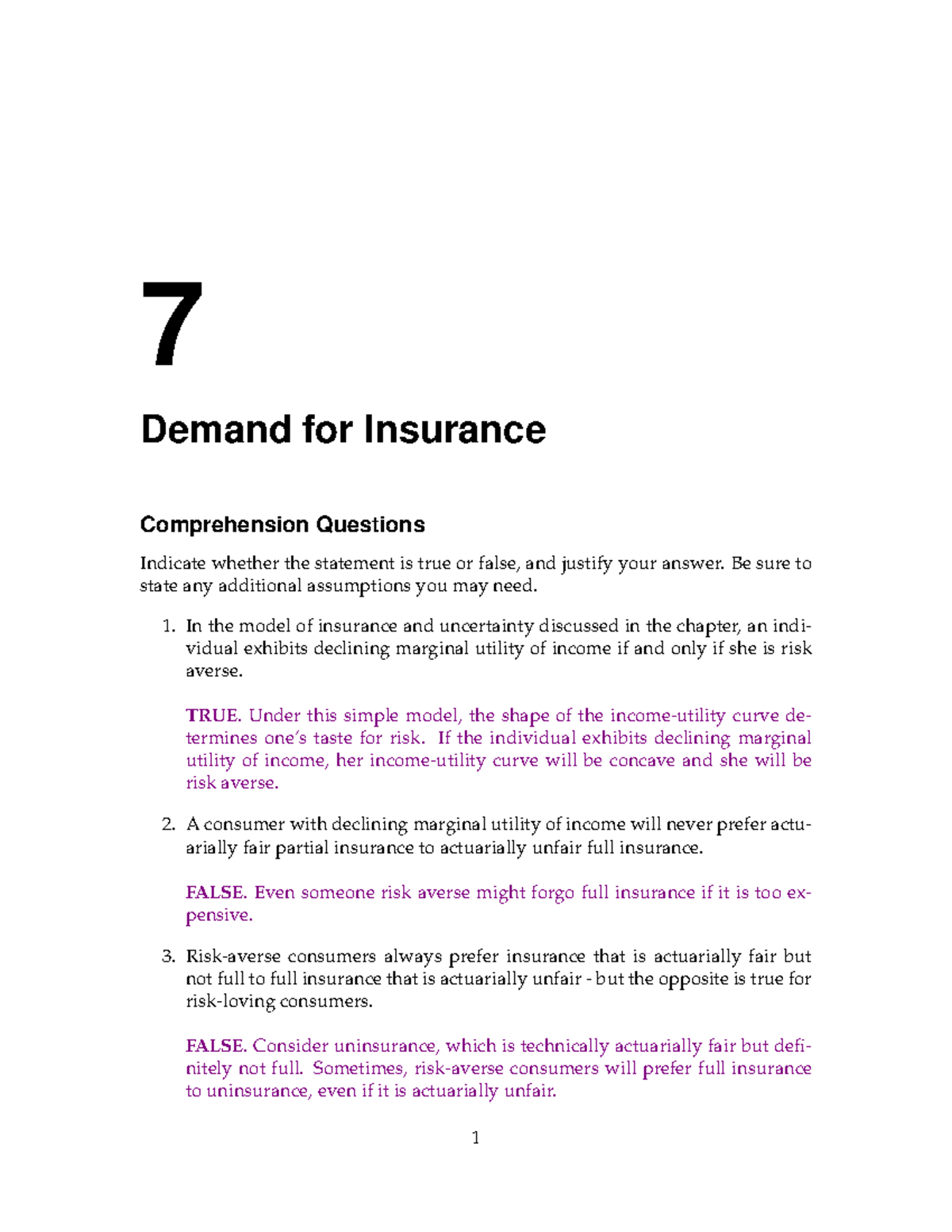 Ch 7 comprehension only - 7 Demand for Insurance Comprehension ...