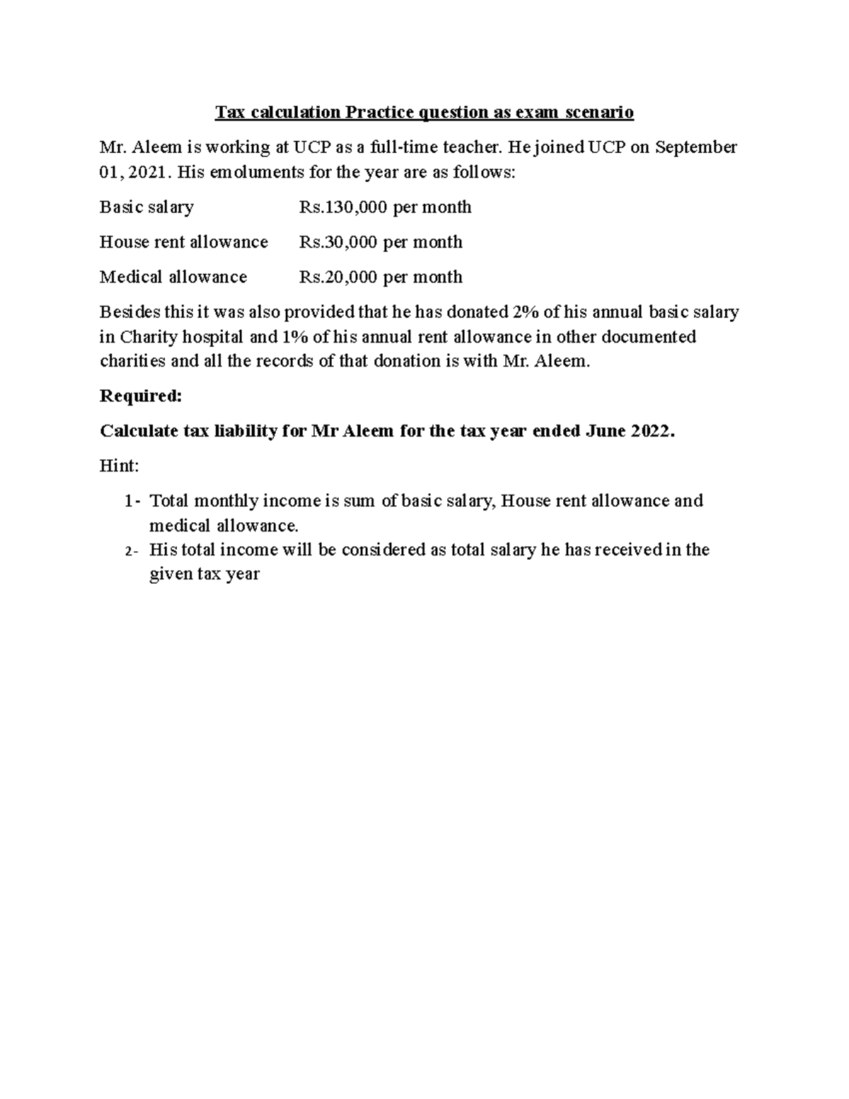 Tax class 6 Tax calculation Practice question as exam scenario section ...