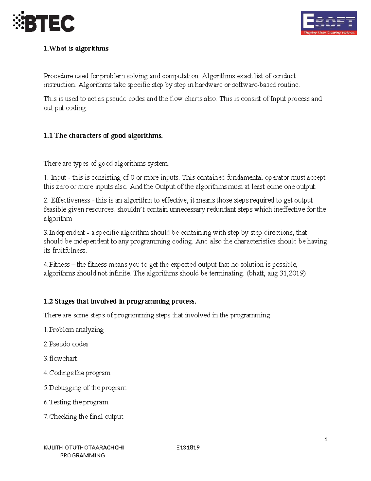 Assignment 2 - HND project - 1 is algorithms Procedure used for problem ...