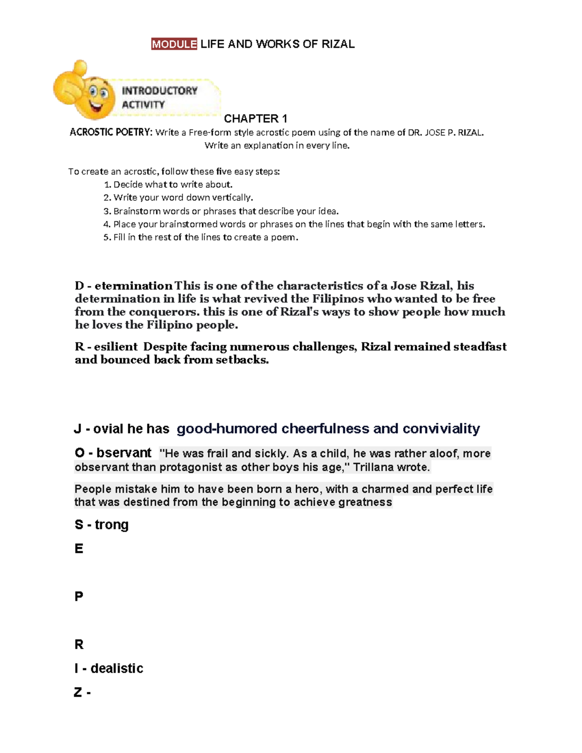 Chapter 1 - Introductory Activity - MODULE LIFE AND WORKS OF RIZAL ...