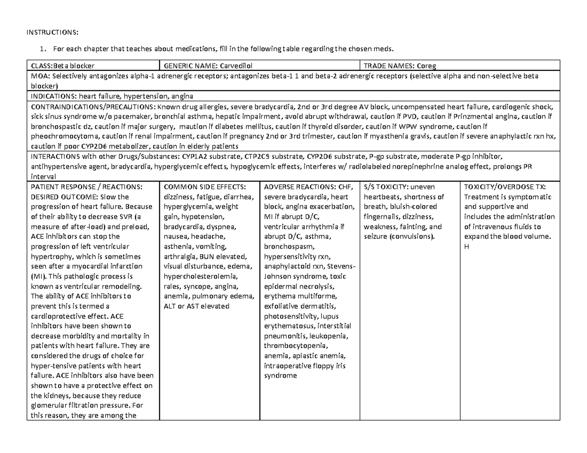 Carvedilol med card - INSTRUCTIONS: For each chapter that teaches about ...