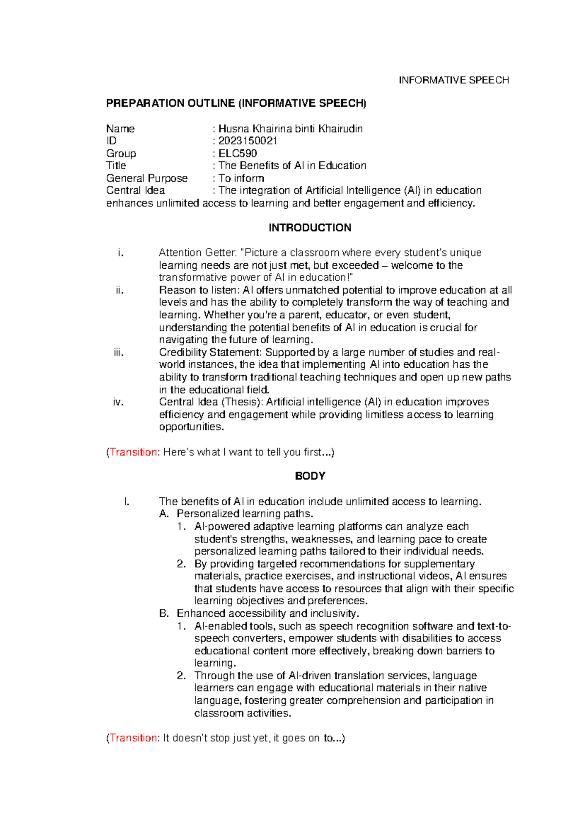 Informative Speech Outline - INFORMATIVE SPEECH PREPARATION OUTLINE ...