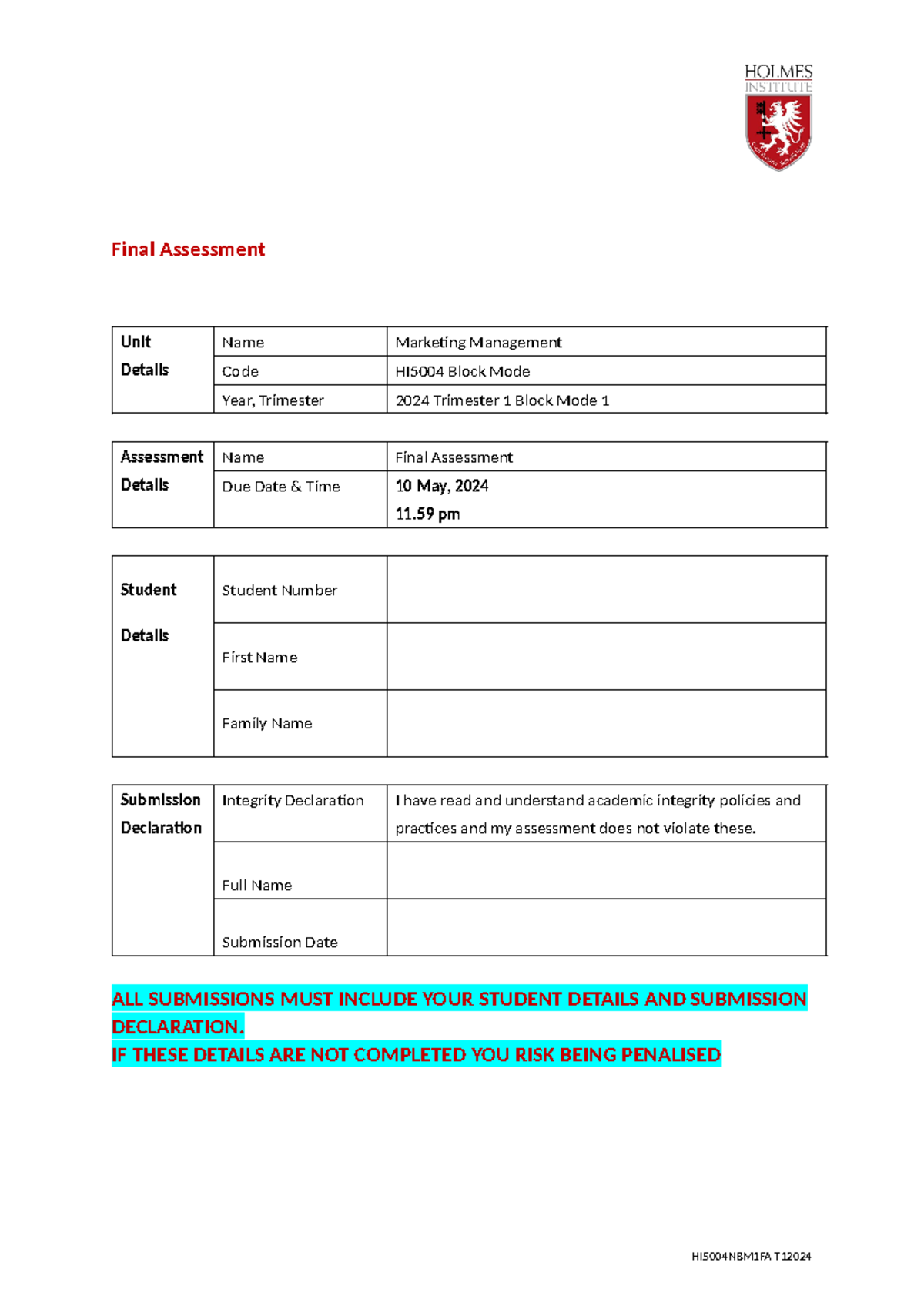 HI5004 2024 T1 BM1 Final Online Individual Assignment[ - Final Assessment Unit Details Name ...