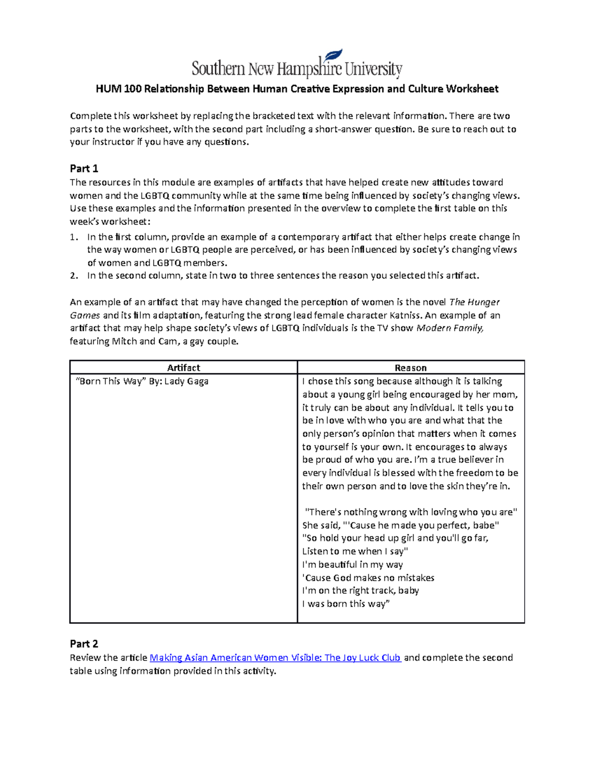 7-3 worksheet - HUM 100 Relationship Between Human Creative Expression ...