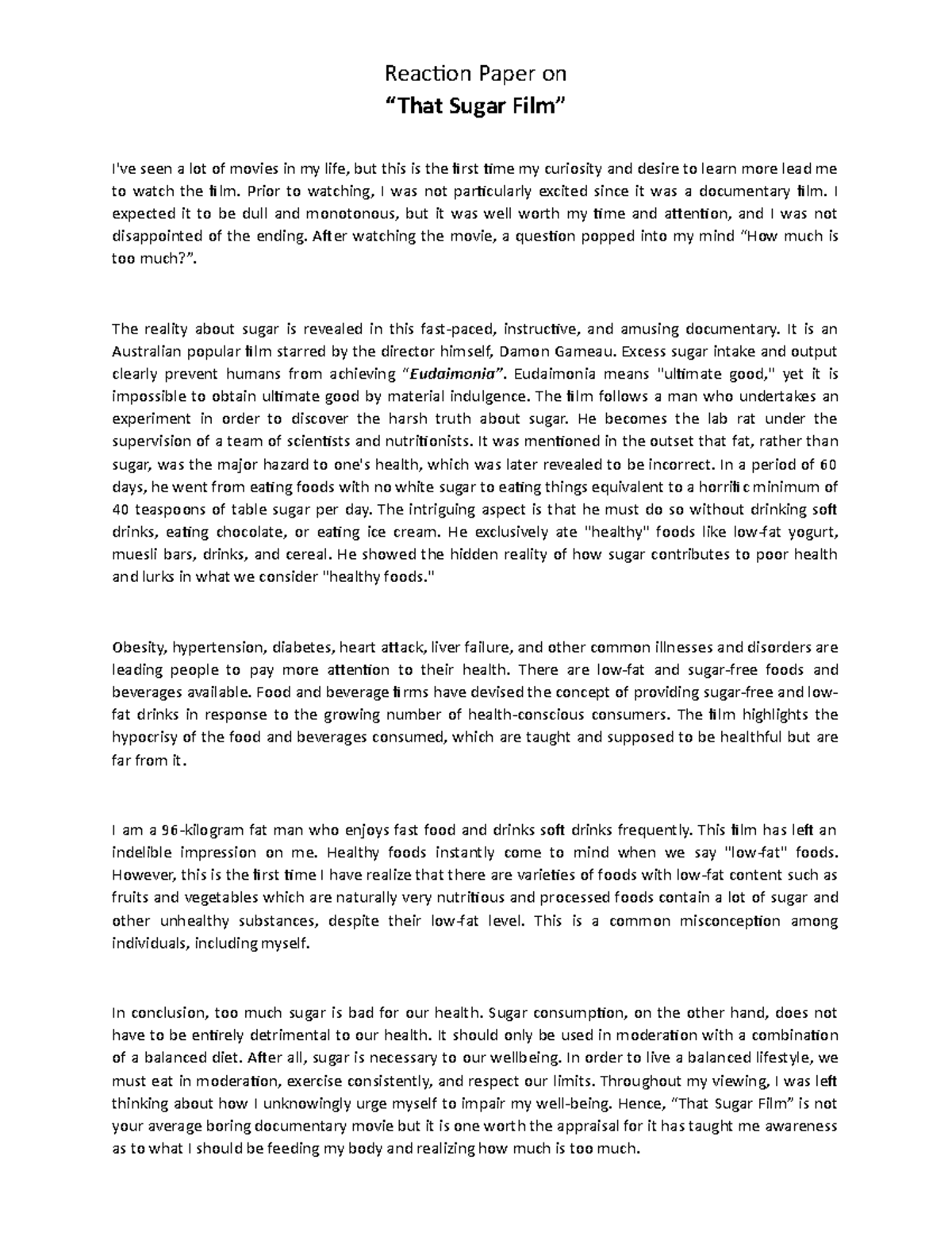 Reaction Paper on That Sugar Film - Reaction Paper on “That Sugar Film ...