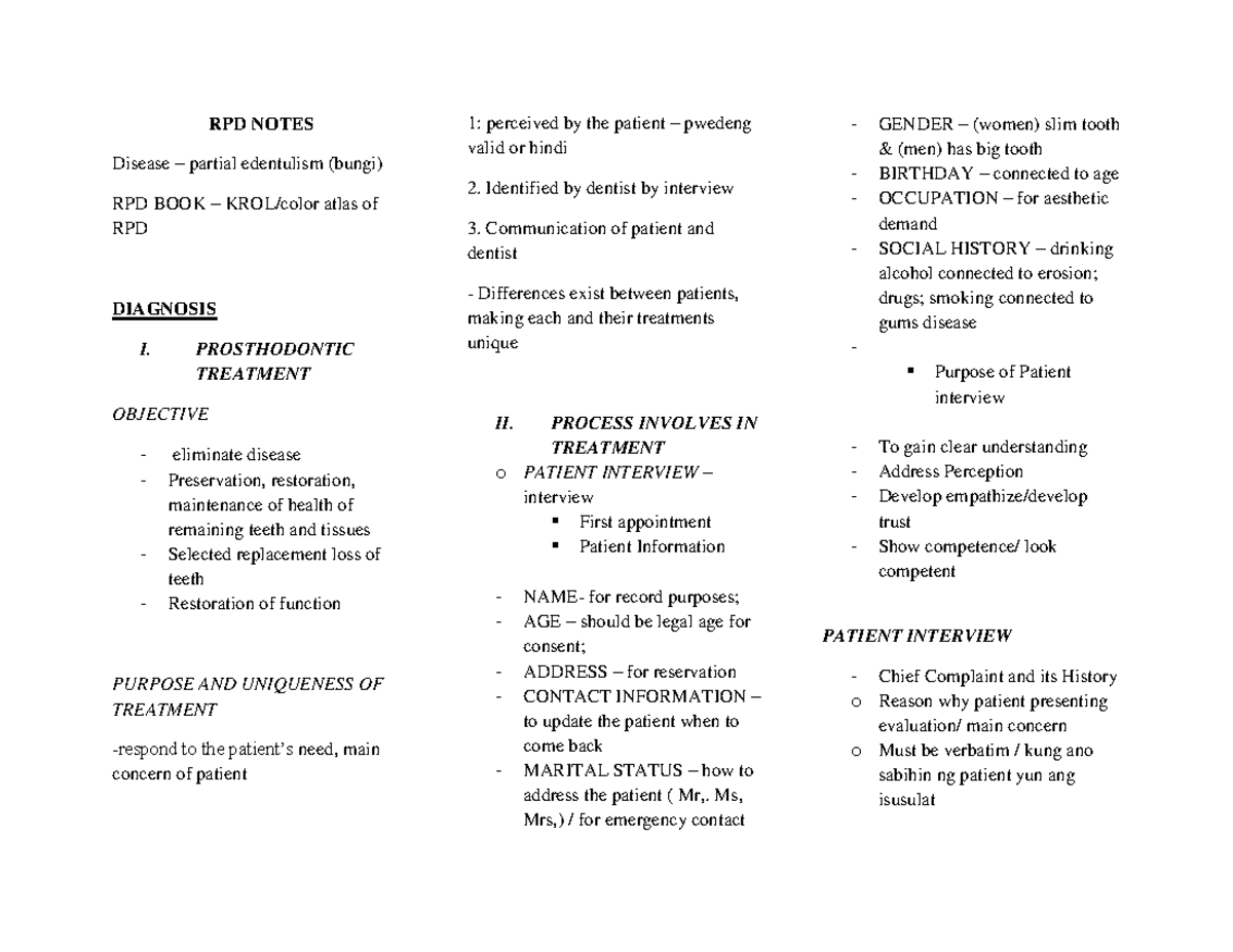 RPD Notes Diagnosis - RPD NOTES Disease – partial edentulism (bungi ...