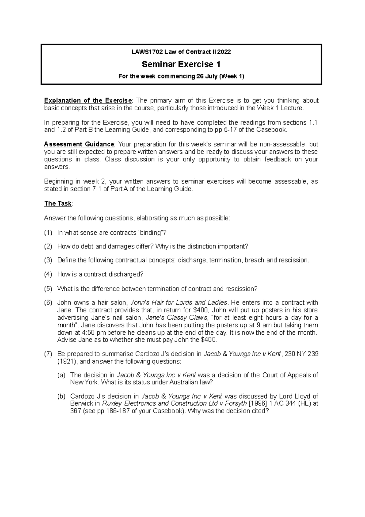 Seminar Exercise 1 - LAWS1702 Law of Contract II 2022 Seminar Exercise ...