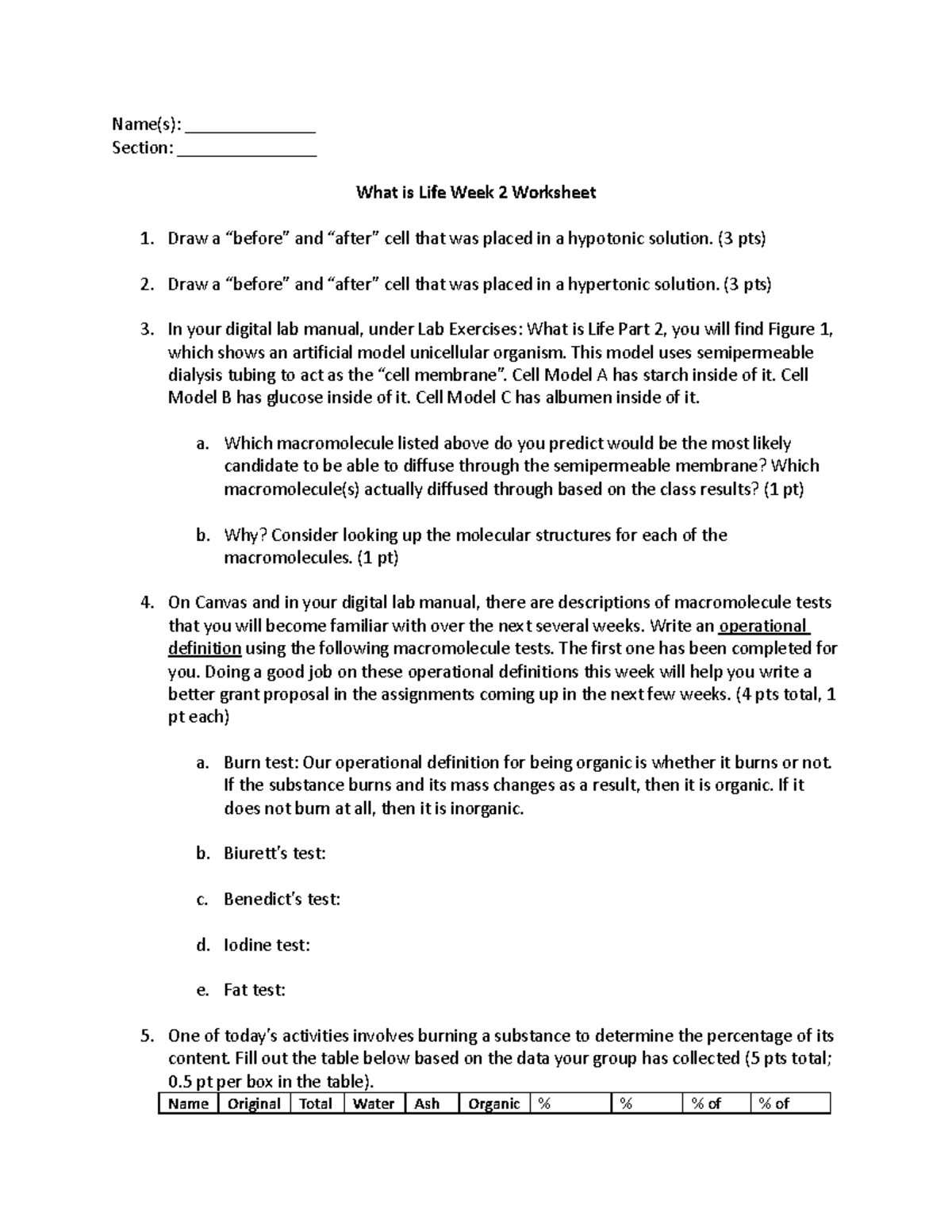 What is Life Week 2 Worksheet - FS21 - Name(s): ______________ Section ...