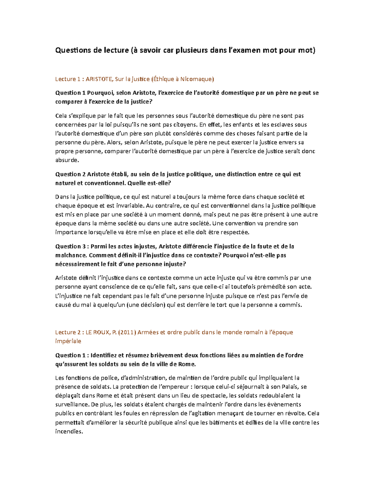 Questions lecture - Questions de lecture (à savoir car plusieurs dans l ...