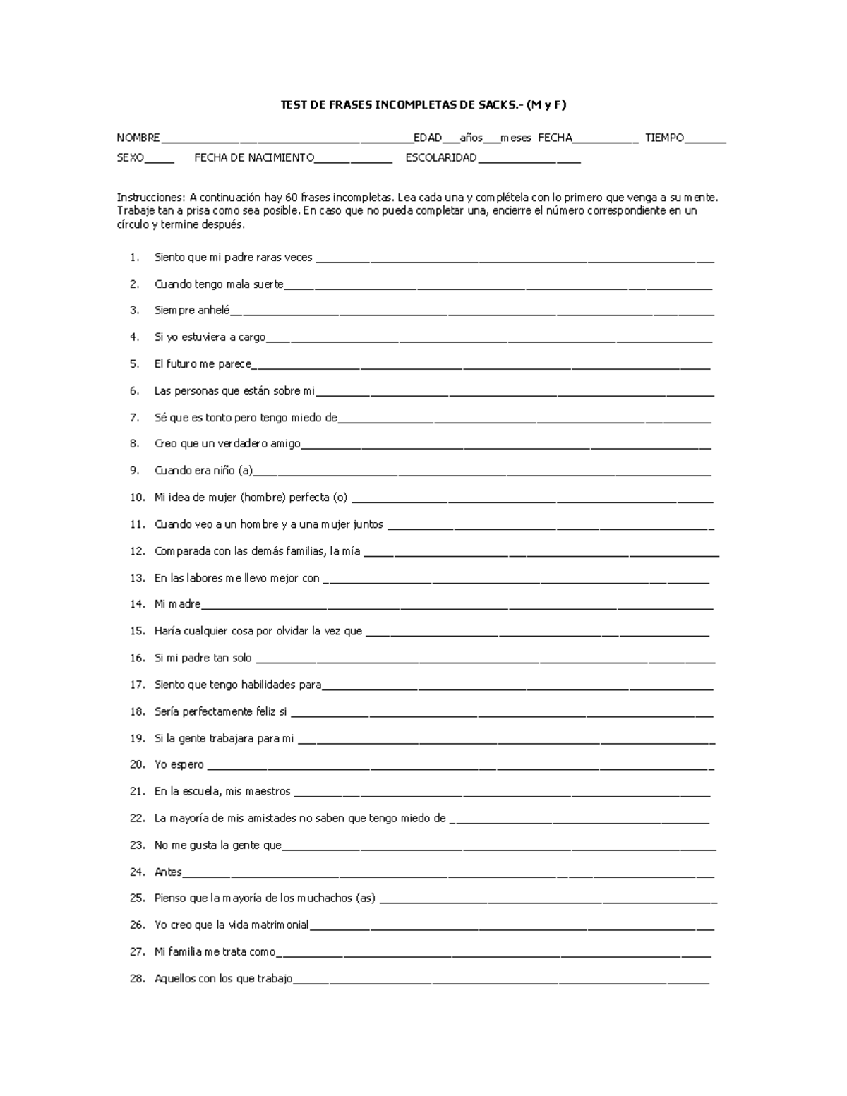 Frases Incompletas DE SAKS - TEST DE FRASES INCOMPLETAS DE SACKS.- (M y ...