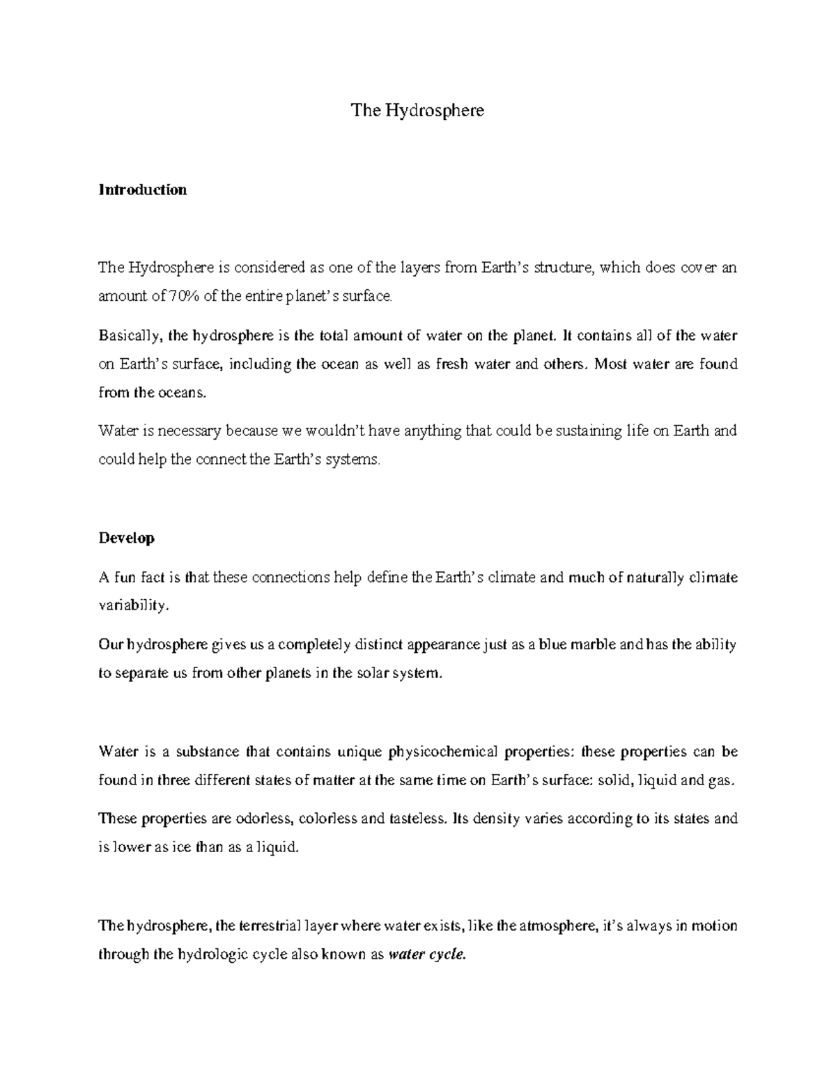 The Hydrosphere topic 6 - The Hydrosphere Introduction The Hydrosphere ...