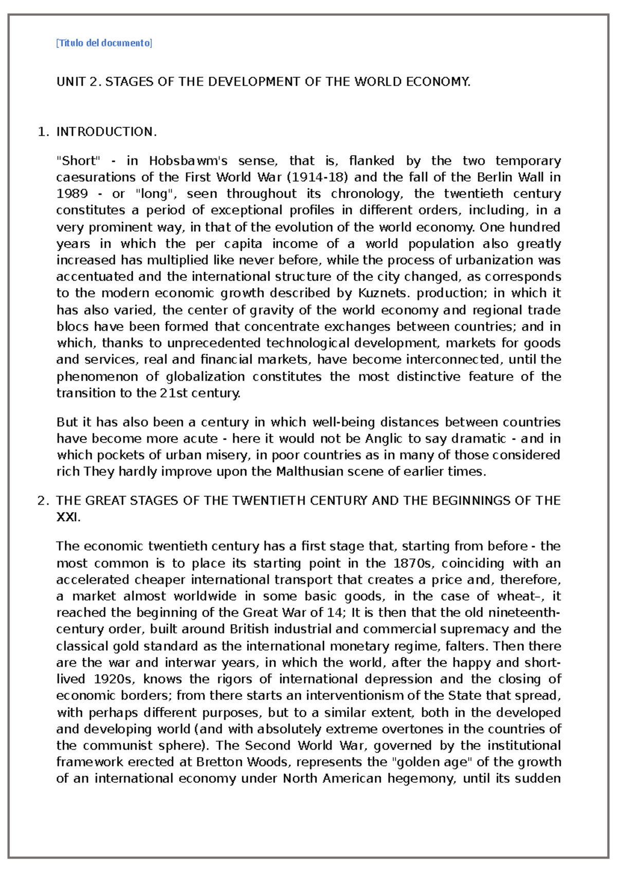 Temmary 10 Economic Analysis - UNIT 2. STAGES OF THE DEVELOPMENT OF THE ...