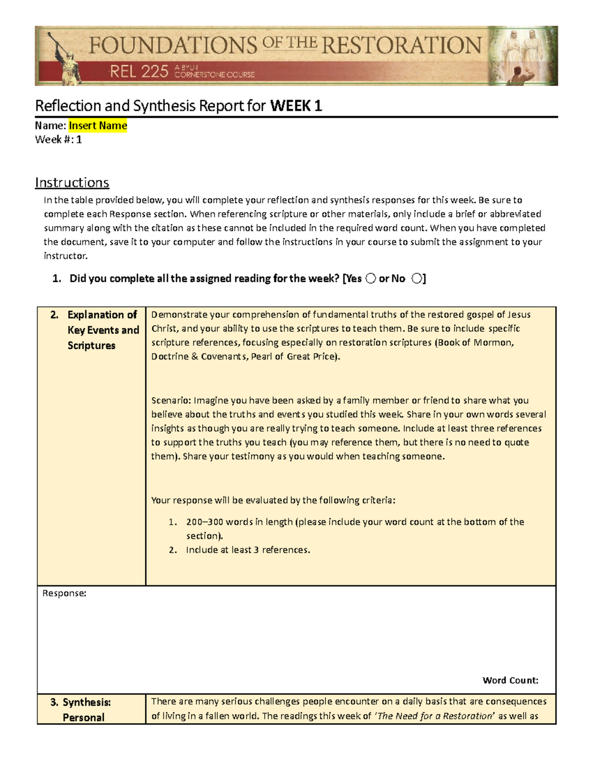 REL225C W01 Reflection Synthesis - Reflection and Synthesis Report for WEEK 1 Name: Insert Name ...