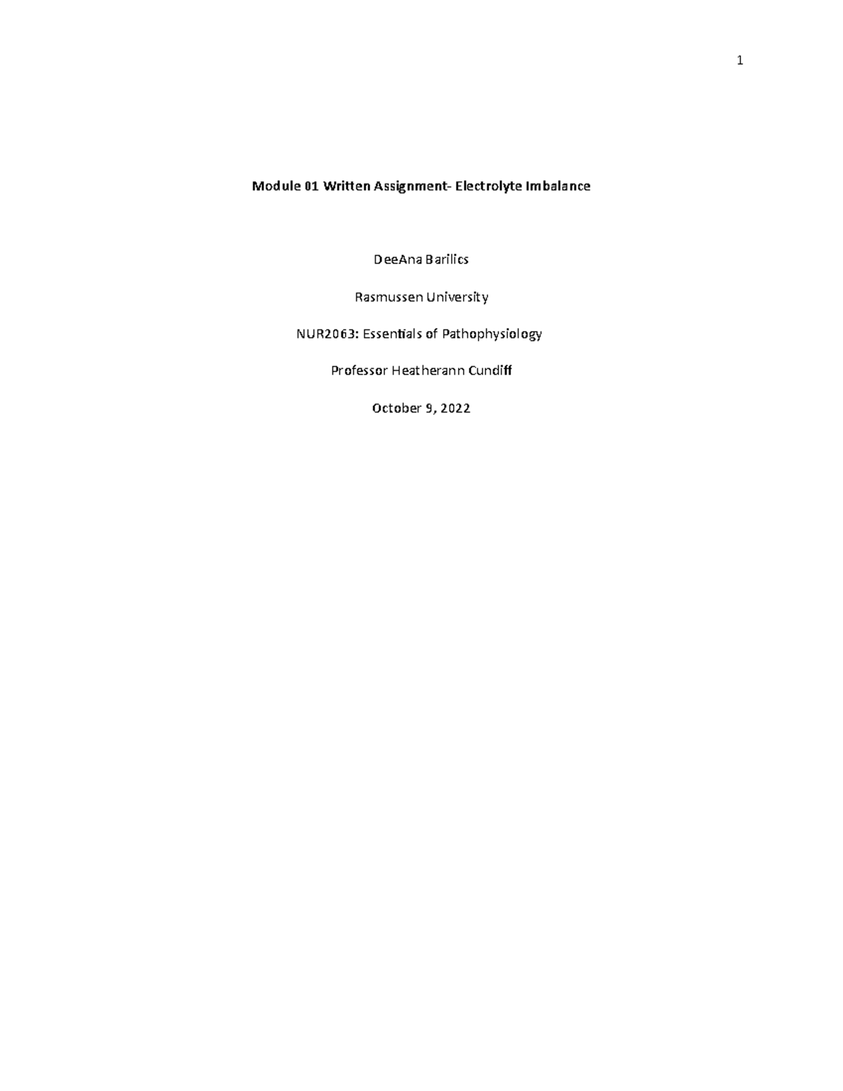 Electrolyte Imbalance 100522 - 1 Module 01 Written Assignment ...