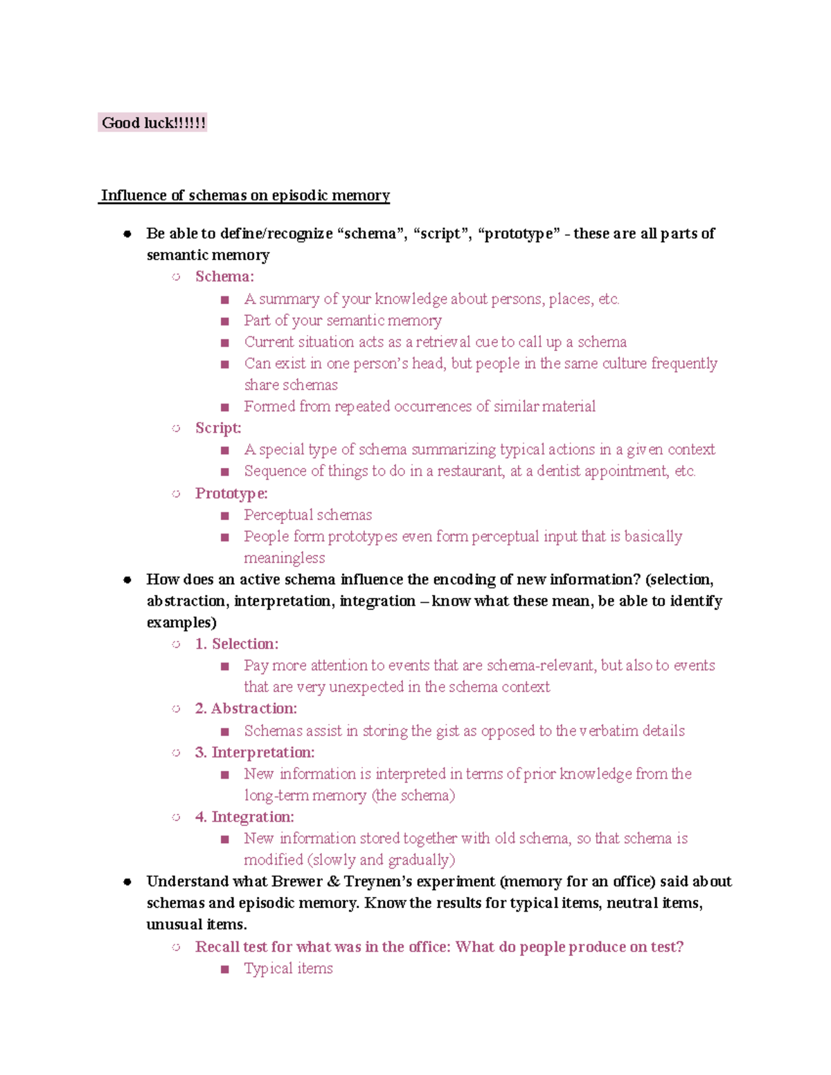 Memory exam 3 study guide - Good luck!!!!!! Influence of schemas on ...