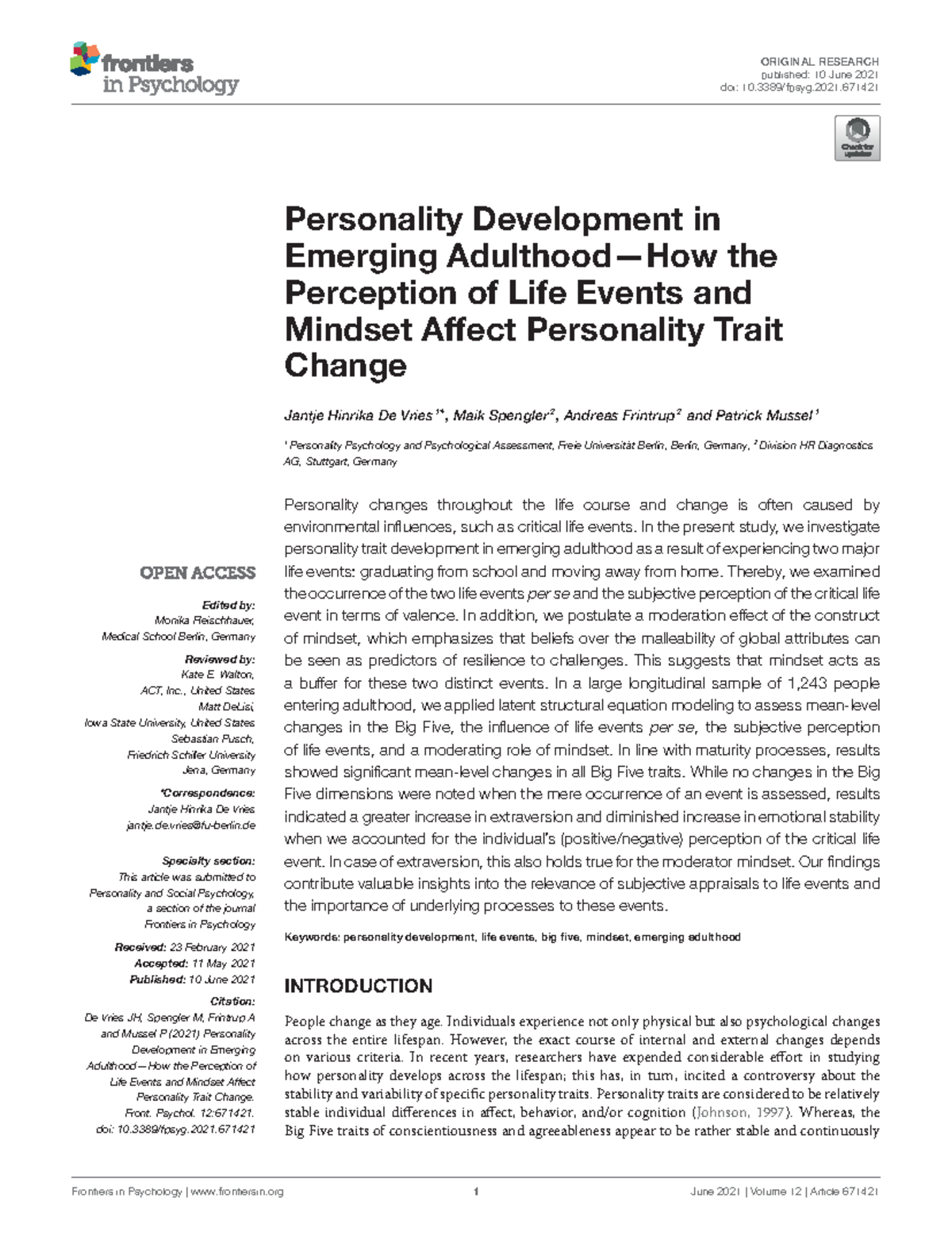 Personality development in emerging adulthood - ORIGINAL RESEARCH ...