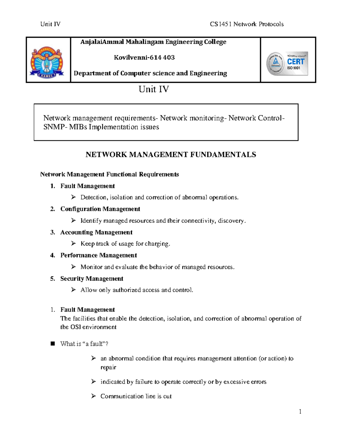 UNIT 4 - Unit IV Network management requirements- Network monitoring ...